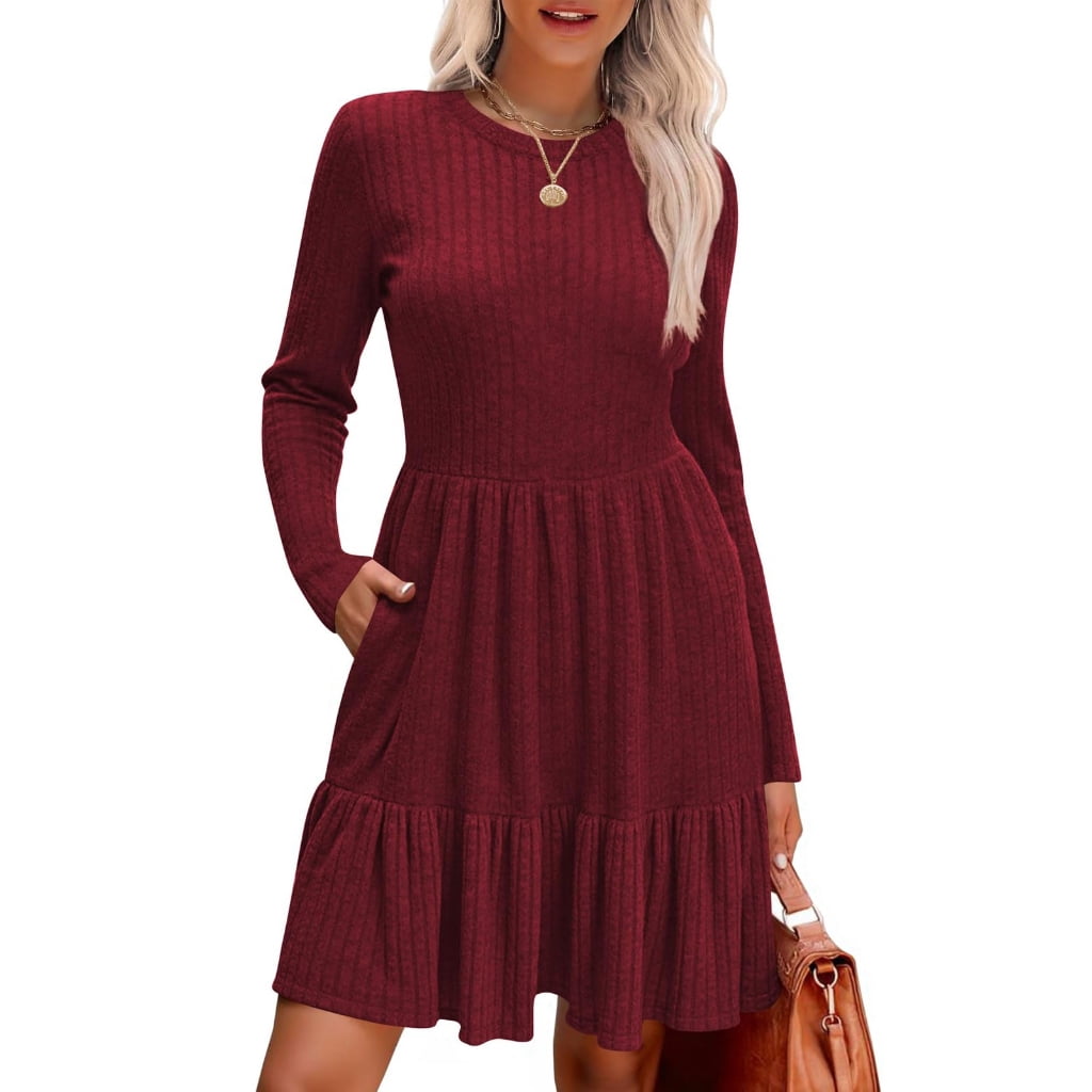 Aellinatey Womens Long Sleeve Fall Dresses with Pockets Crew Neck ...