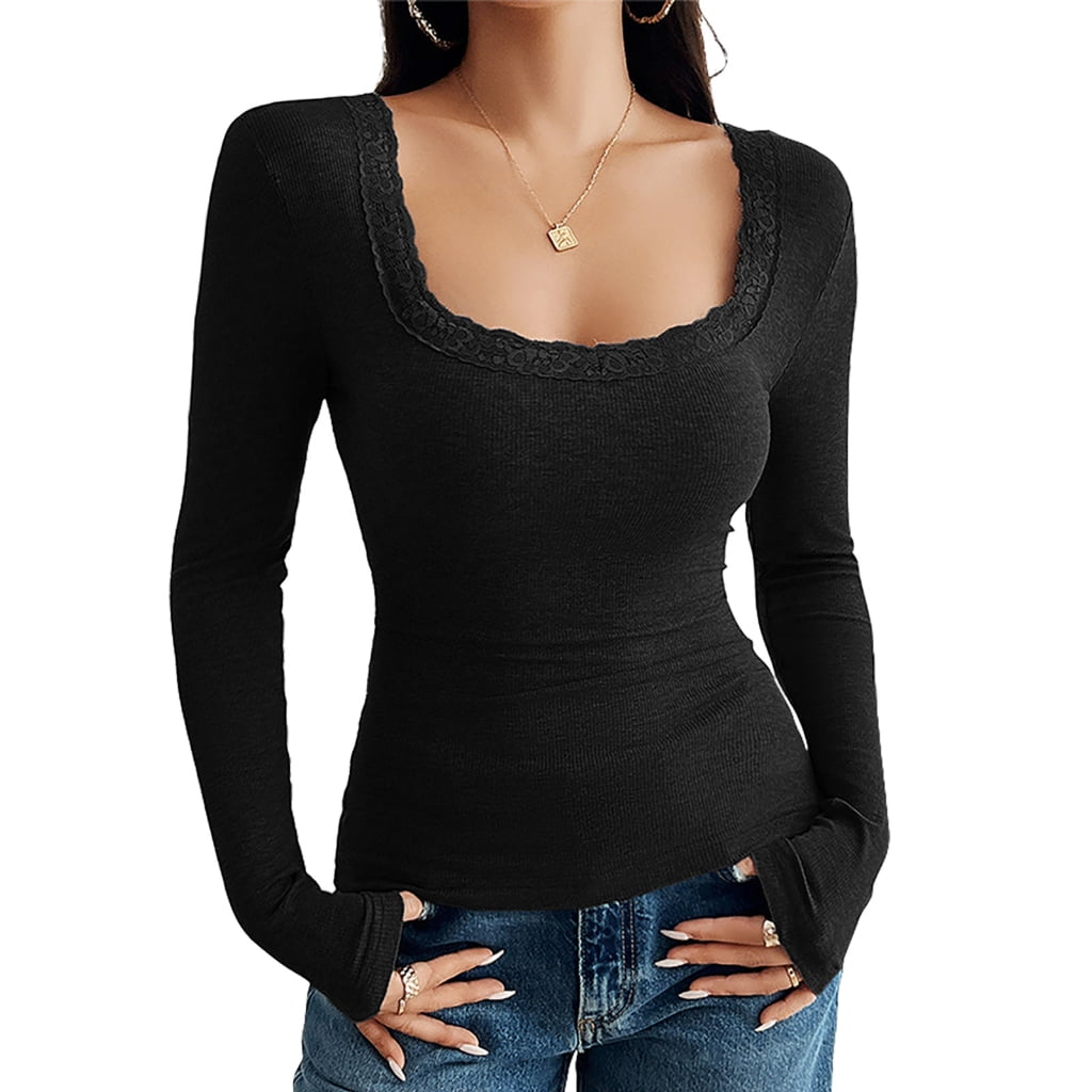 Aellinatey Womens Long Sleeve Tops Casual Solid Color Fit T-Shirt Lace ...