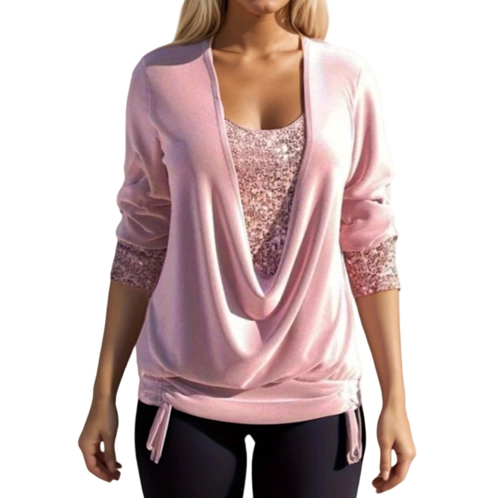 Aellinatey Womens Sequin Velvet Shirts Draped Cowl Neck Long Sleeve ...