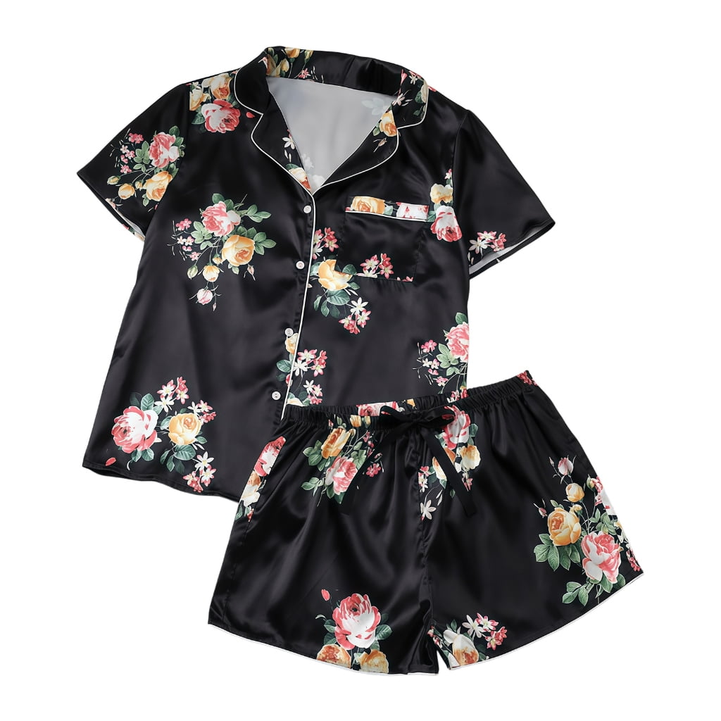 Aellinatey Womens Silk Satins Pajamas Short Sleeve Loungewear 2Pieces ...