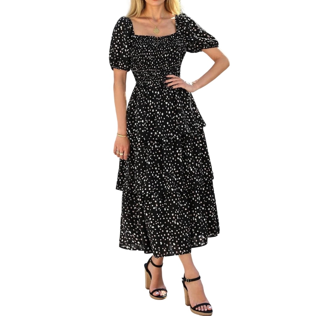 Aellinatey Womens Square Neck Smocked Dress Puff Short Sleeve Floral ...