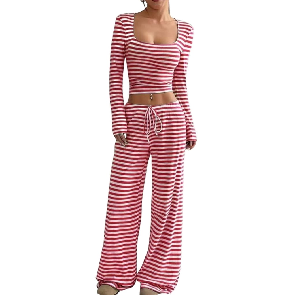 Aellinatey Womens Striped 2 Piece Sets Square Neck Top Cropped Tunic ...