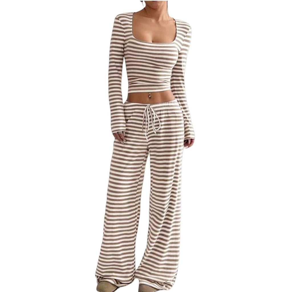 Aellinatey Womens Striped 2 Piece Sets Square Neck Top Cropped Tunic ...