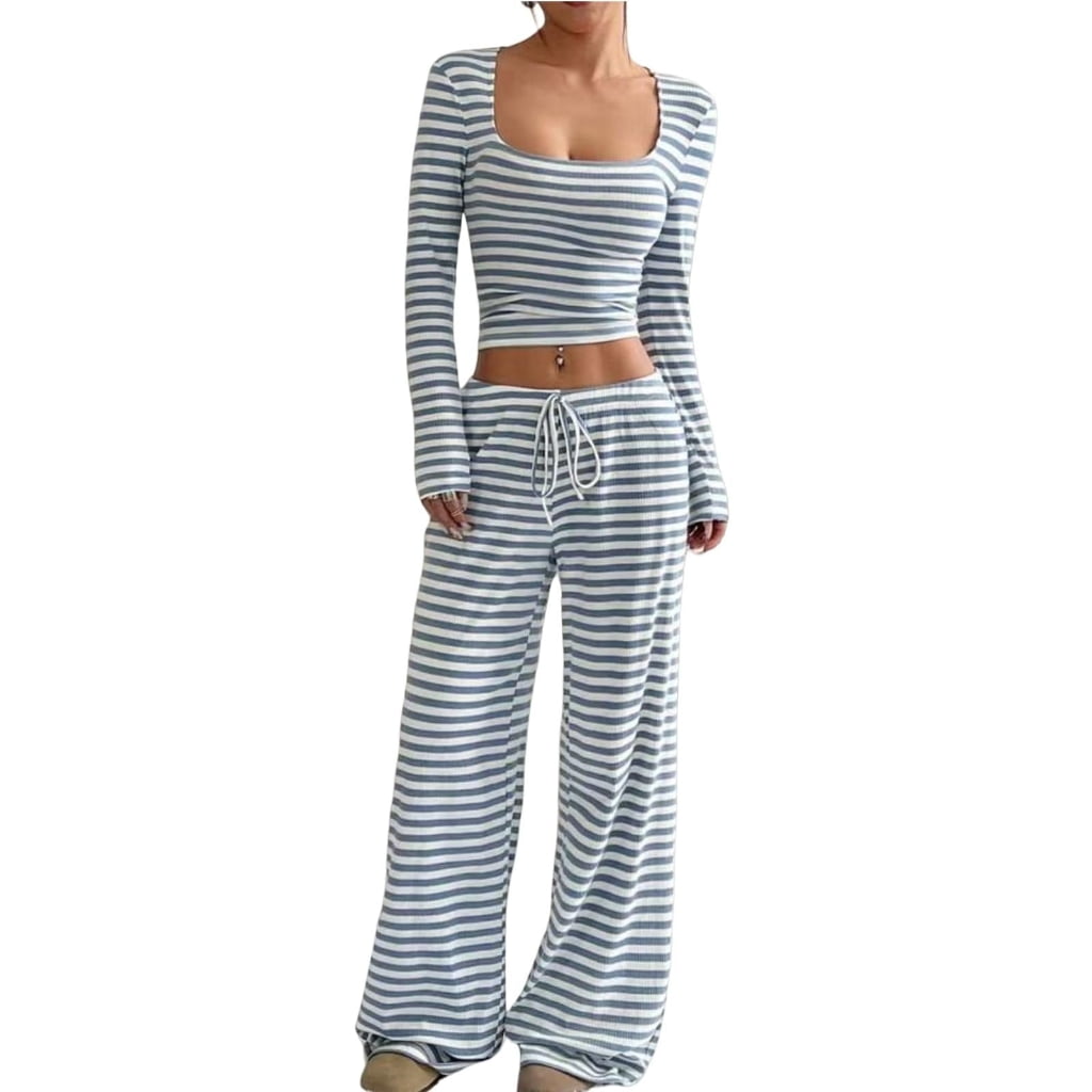Aellinatey Womens Striped 2 Piece Sets Square Neck Top Cropped Tunic ...
