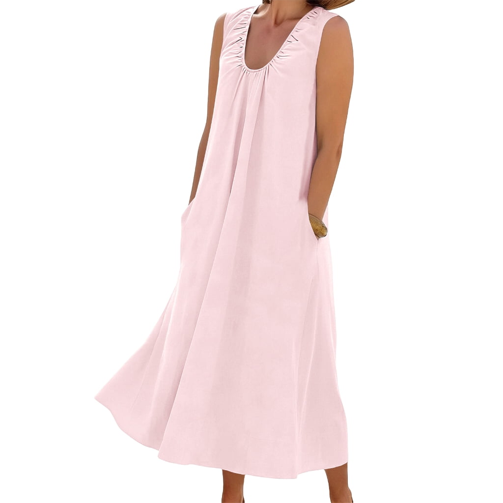 Aellinatey Womens U Neck Sleeveless Dress Pullover Color Flowy Casual ...