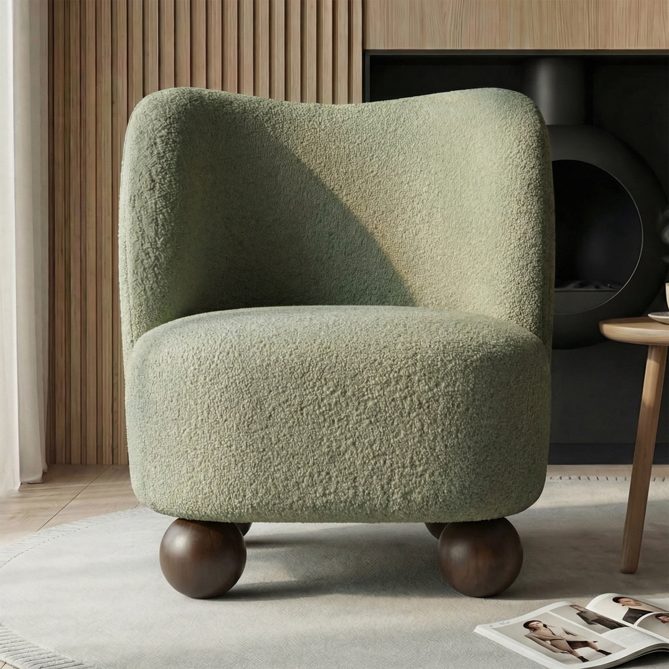 Aenkyo Contemporary Boucle Armless Accent Chair with Sculptural Wood ...