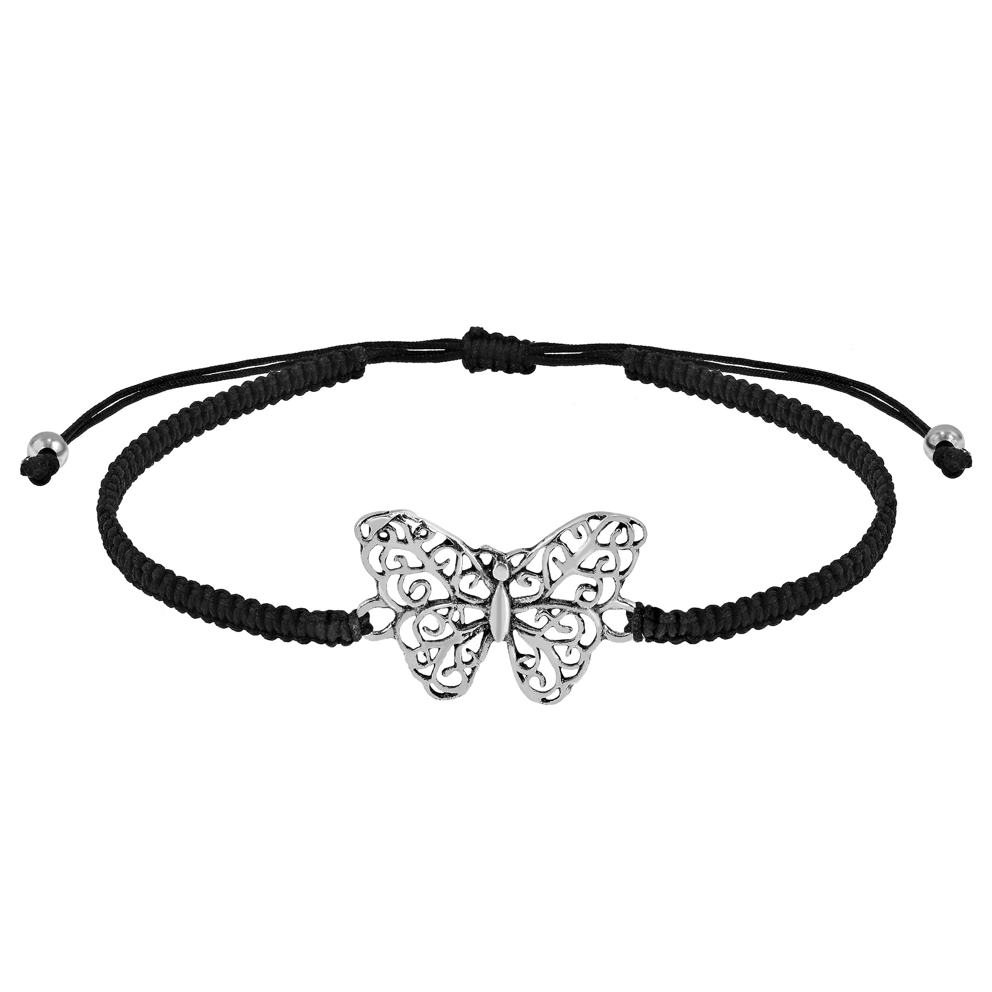 AeraVida Swirling Sterling Silver Butterfly Charm on Black Rope Pull ...