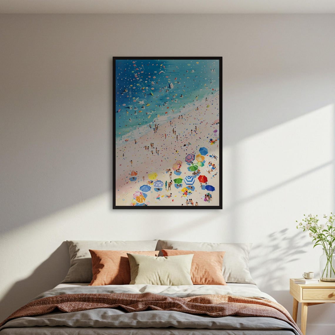 Aerial Beach Art Print, Colorful Summer Poster, Crowd On Beach Wall Art ...