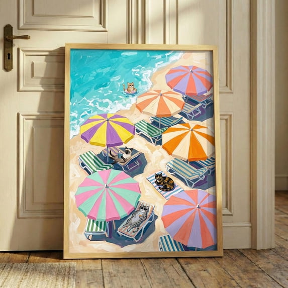 Aerial Beach Cat Colorful Striped Umbrella Summer Coastal Wall Art Pet ...