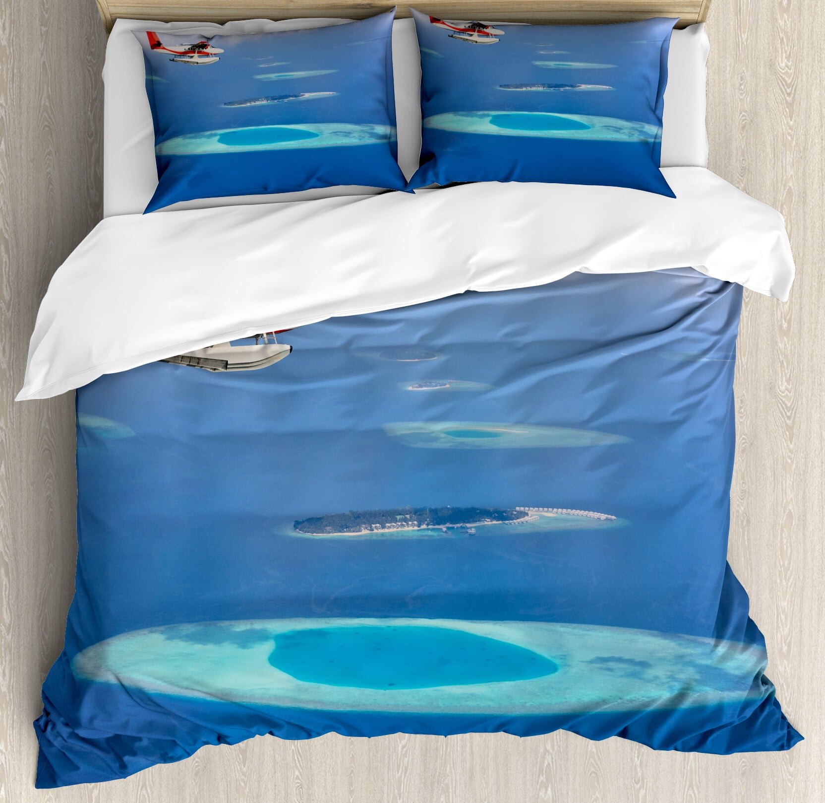 Aerial Duvet Cover Set, Sea Plane Flying Above Maldives Island Raa ...