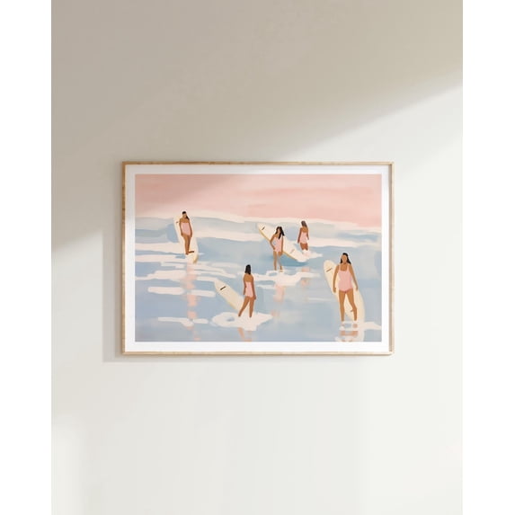 Aerial Surfer Girls Preppy Coastal Ocean Art Coquette Pink Blue Summer ...