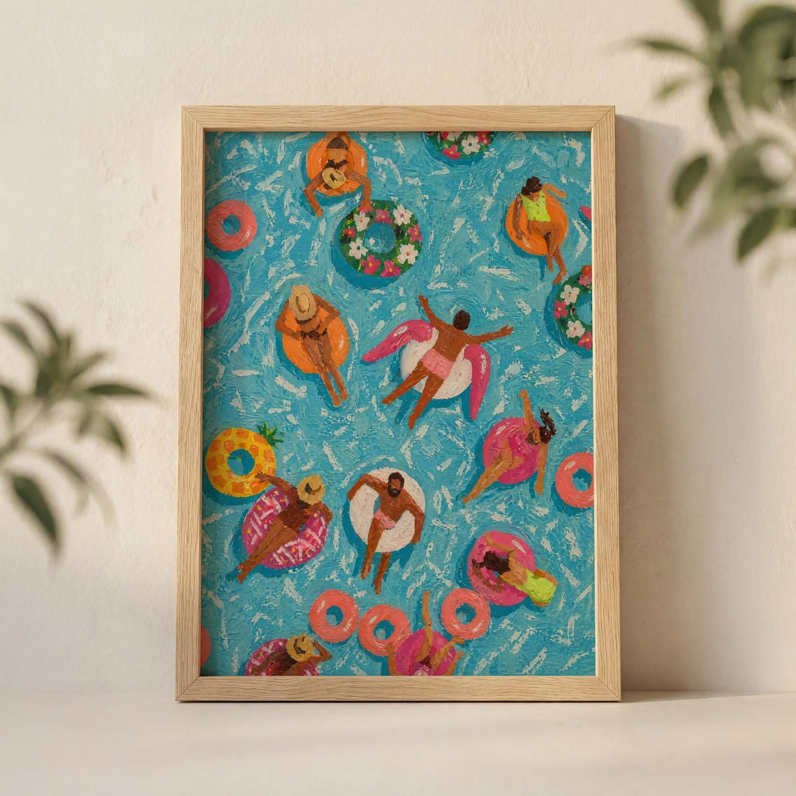 Aerial View People Floating In Pool Colorful Summer Art, Unframed ...