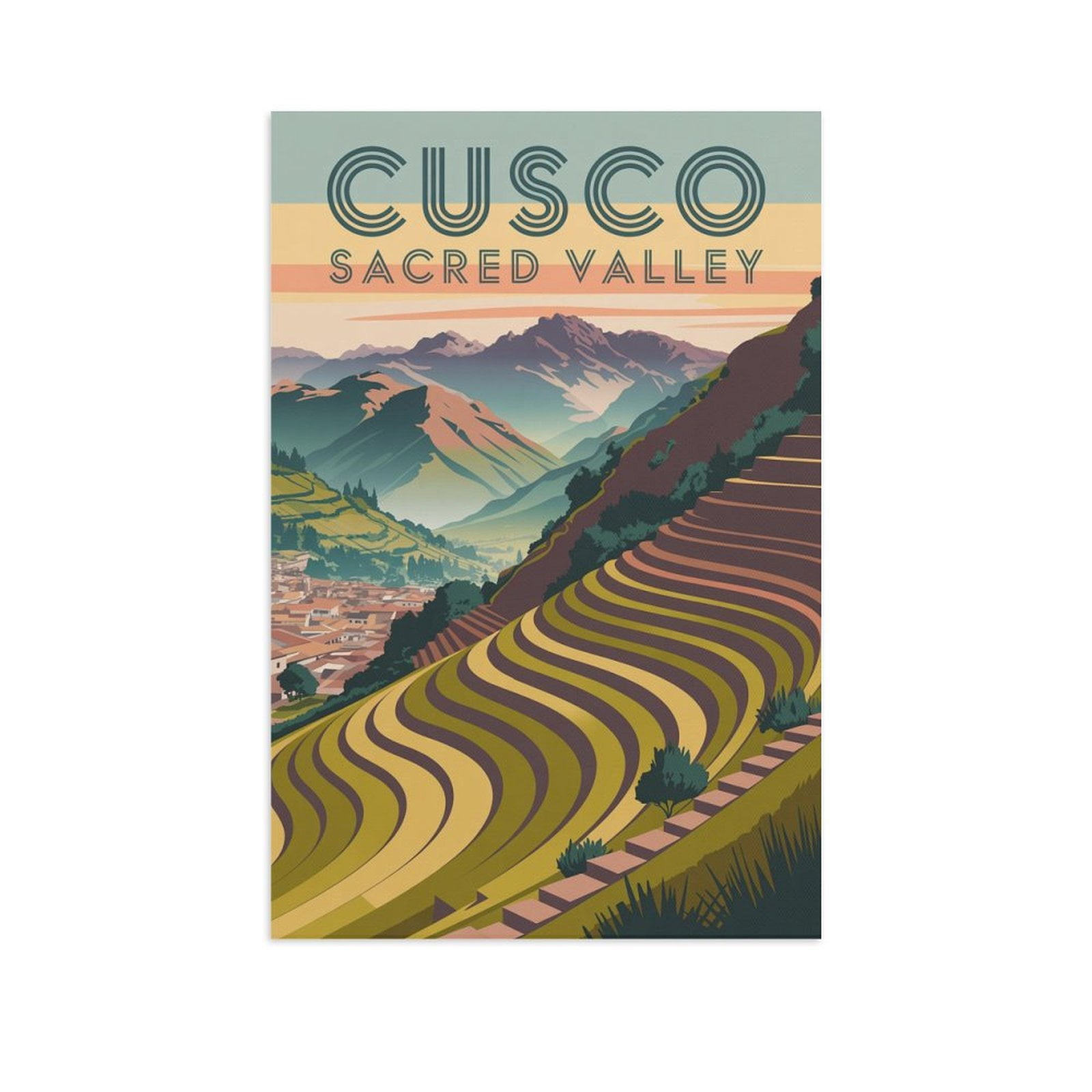 Aerial View Wall Art Sacred Valley Peru Retro Travel Poster Cusco Andes ...