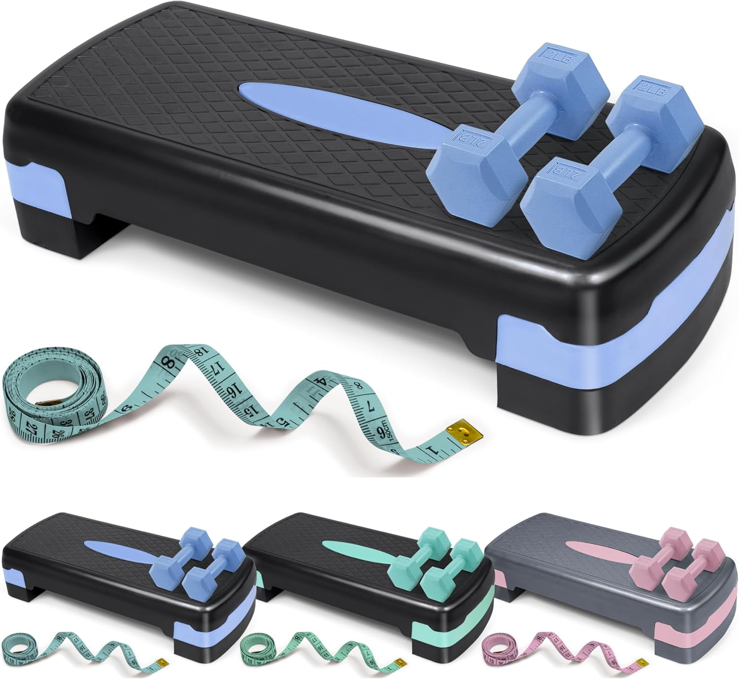 Aerobic Stepper Set with Dumbbells & Measuring Tape, Adjustable Height ...