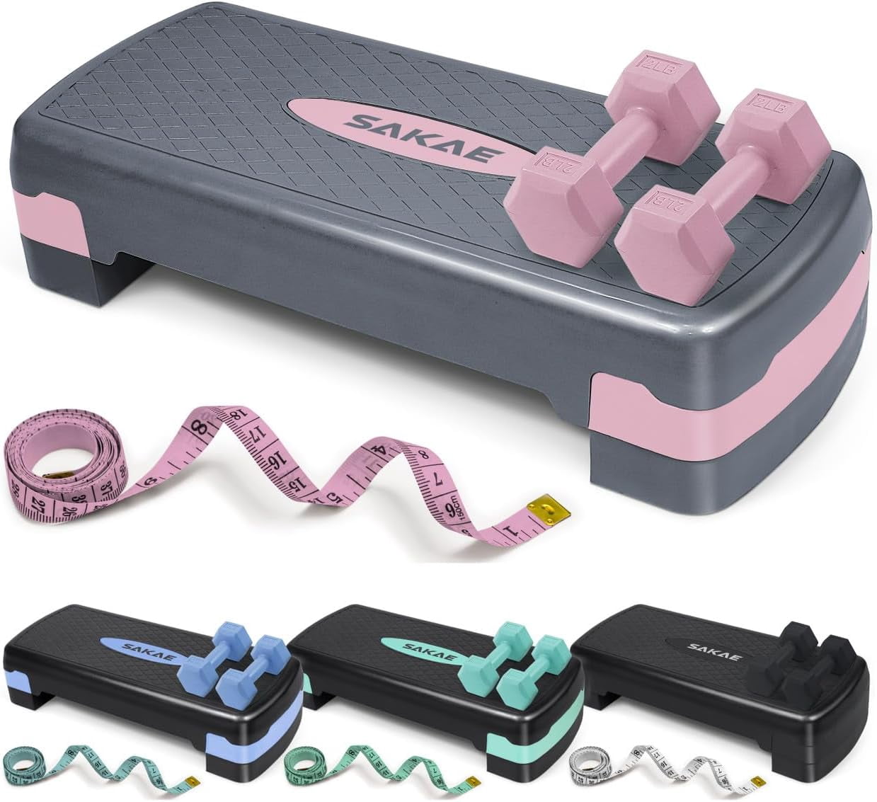 Aerobic Stepper Set with Dumbbells & Measuring Tape, Adjustable Height ...