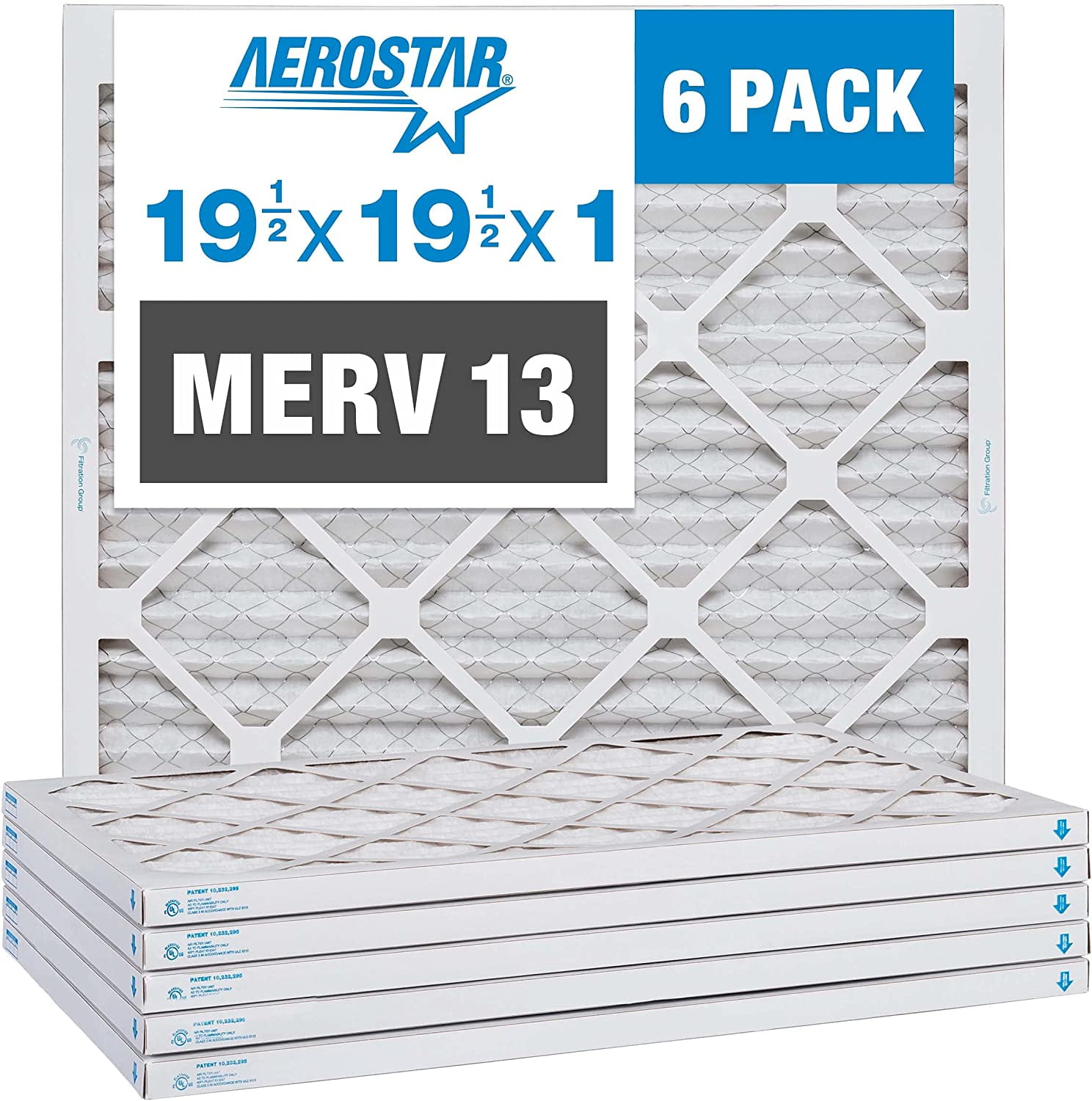 Aerostar 19 1/2x19 1/2x1 MERV 13 Pleated Air Filter, AC Furnace Air Filter, 6 Pack (Actual Size ...