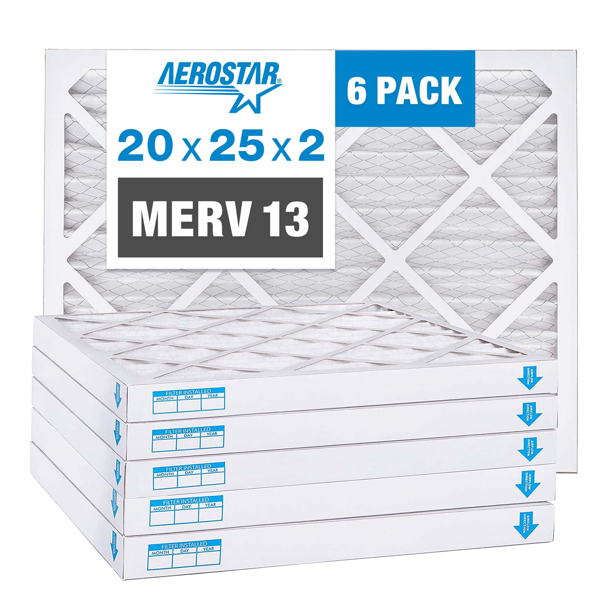 Aerostar 20x25x2 MERV 13 Pleated Air Filter, HVAC AC Furnace Filter, 6 ...