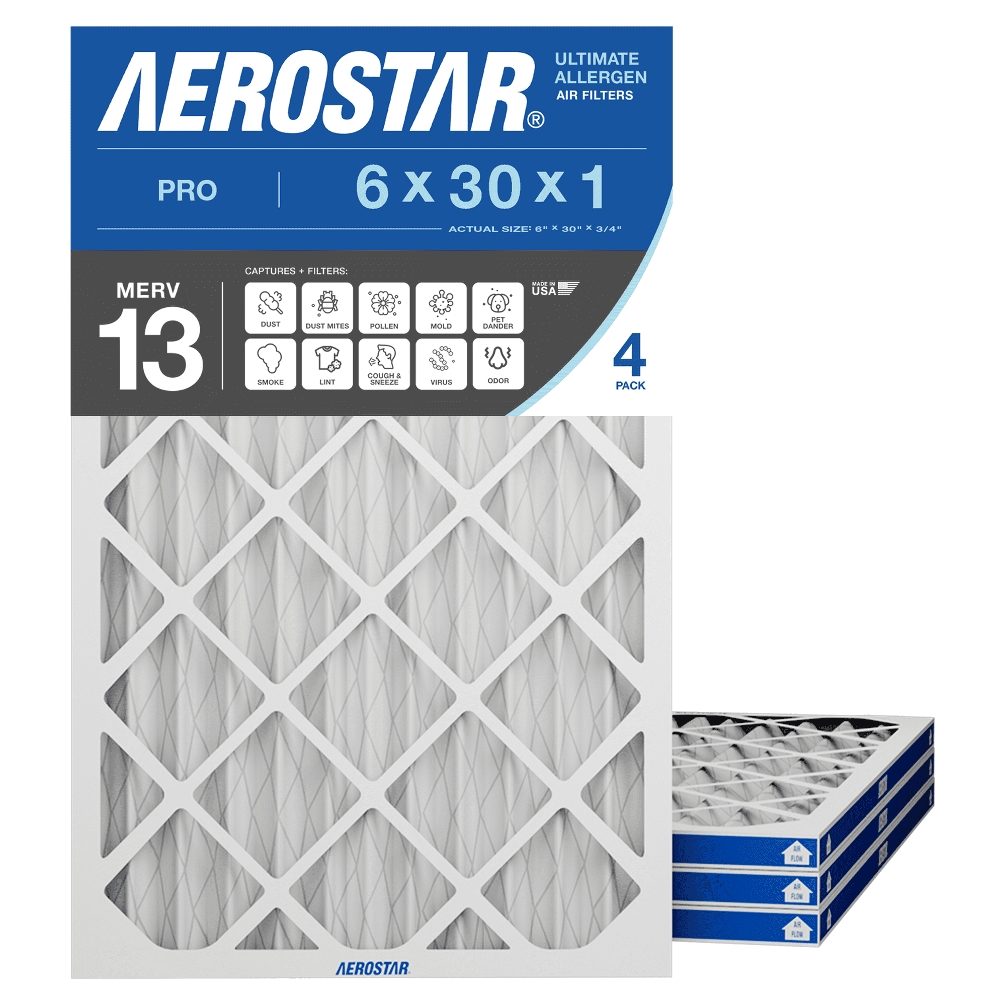 Aerostar 6x30x1 MERV 13 Pleated Air Filter, 4 Pack, Furnaces Filter ...