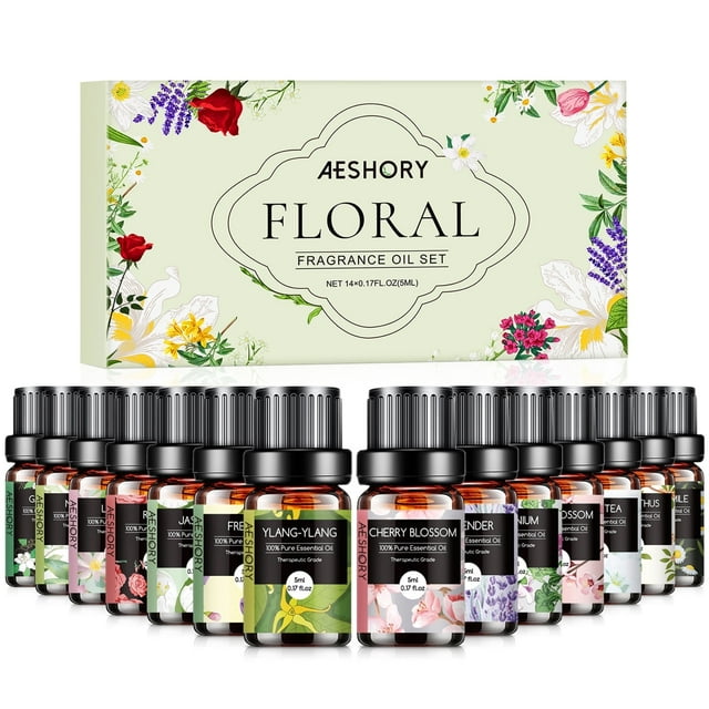 Aeshory Floral Fragrance Oils Set - 14 Pcs 5ML Lavender, Geranium, Rose, Jasmine & Gardenia ...