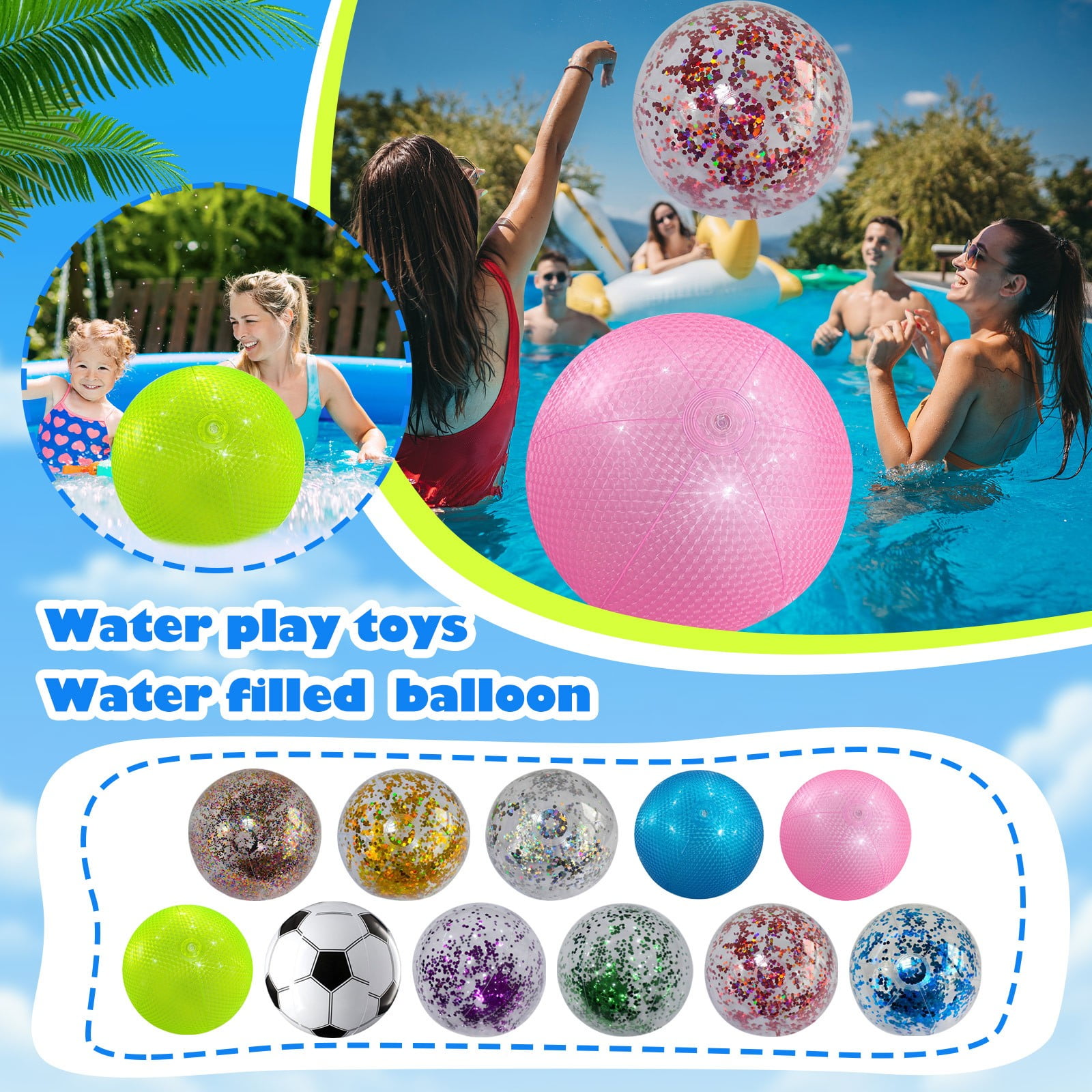 Aeshufy Giant Beach Ball, Inflatable Beach Ball Sequins Glitter Summer Swimming Pool Balls 24 ...