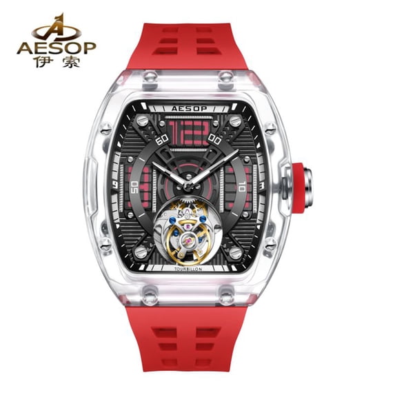 Aesop Men's watch manual tourbillon skeleton movement rubber strap 30m ...