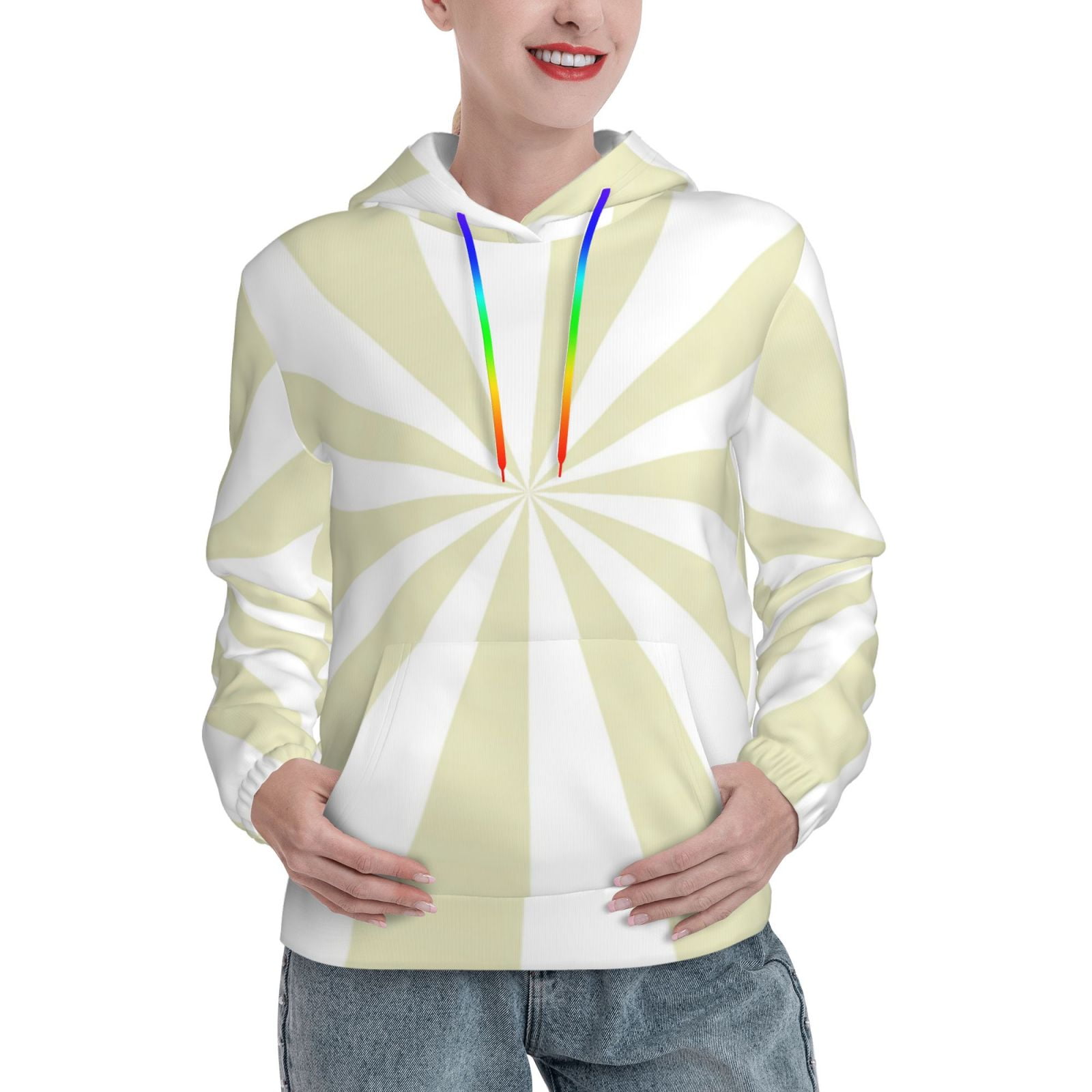 Aesthetic 0yster White And White Sunburst Cozy Women'S Hoodie Pullover Sweatshirt With Kangaroo ...