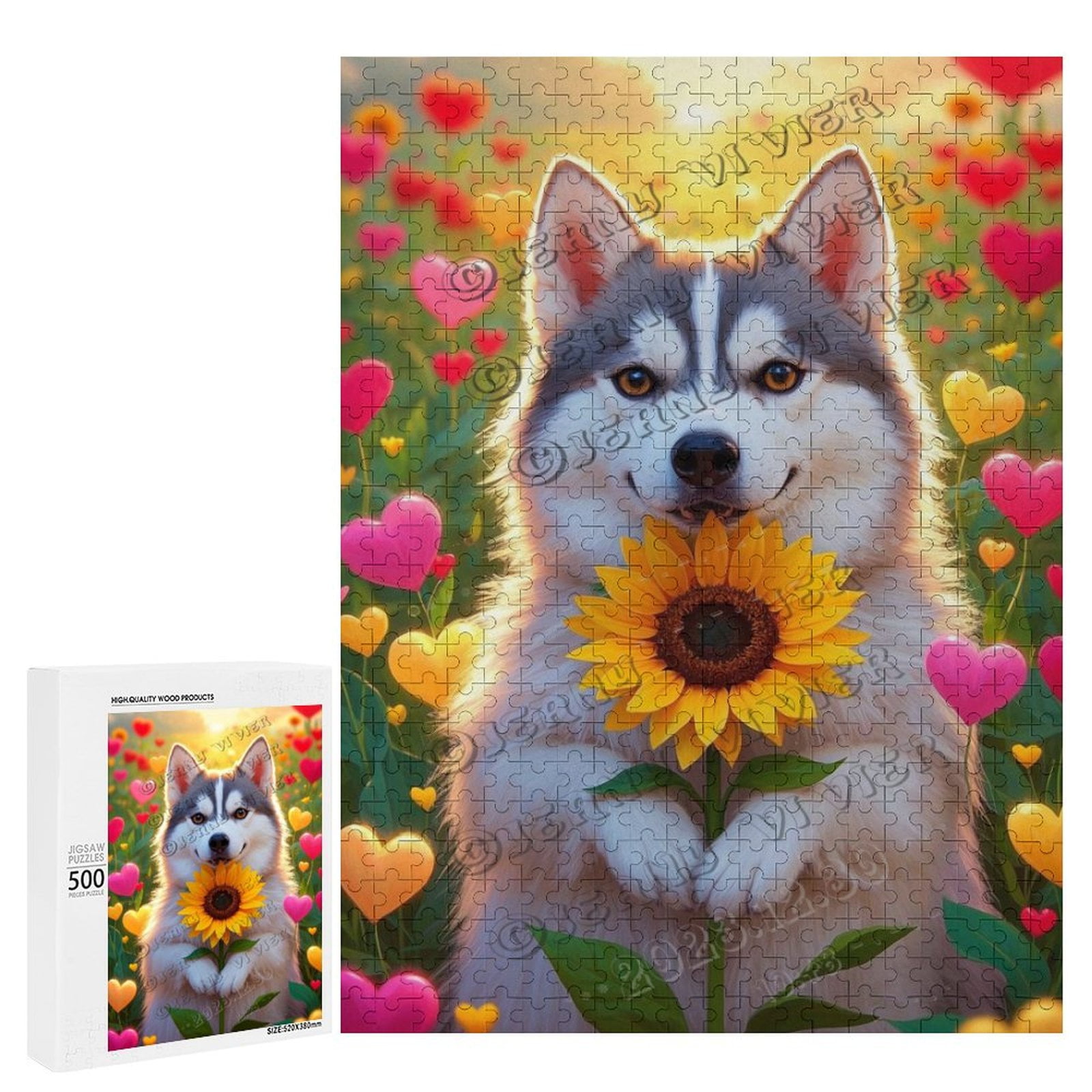 Aesthetic 500 Piece Puzzle – Husky with Sunflower – Wooden Puzzle for ...