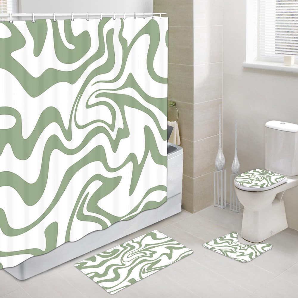 Aesthetic 70S Abstract Wavy Swirl Shower Curtain Cute Pink Sage Green ...