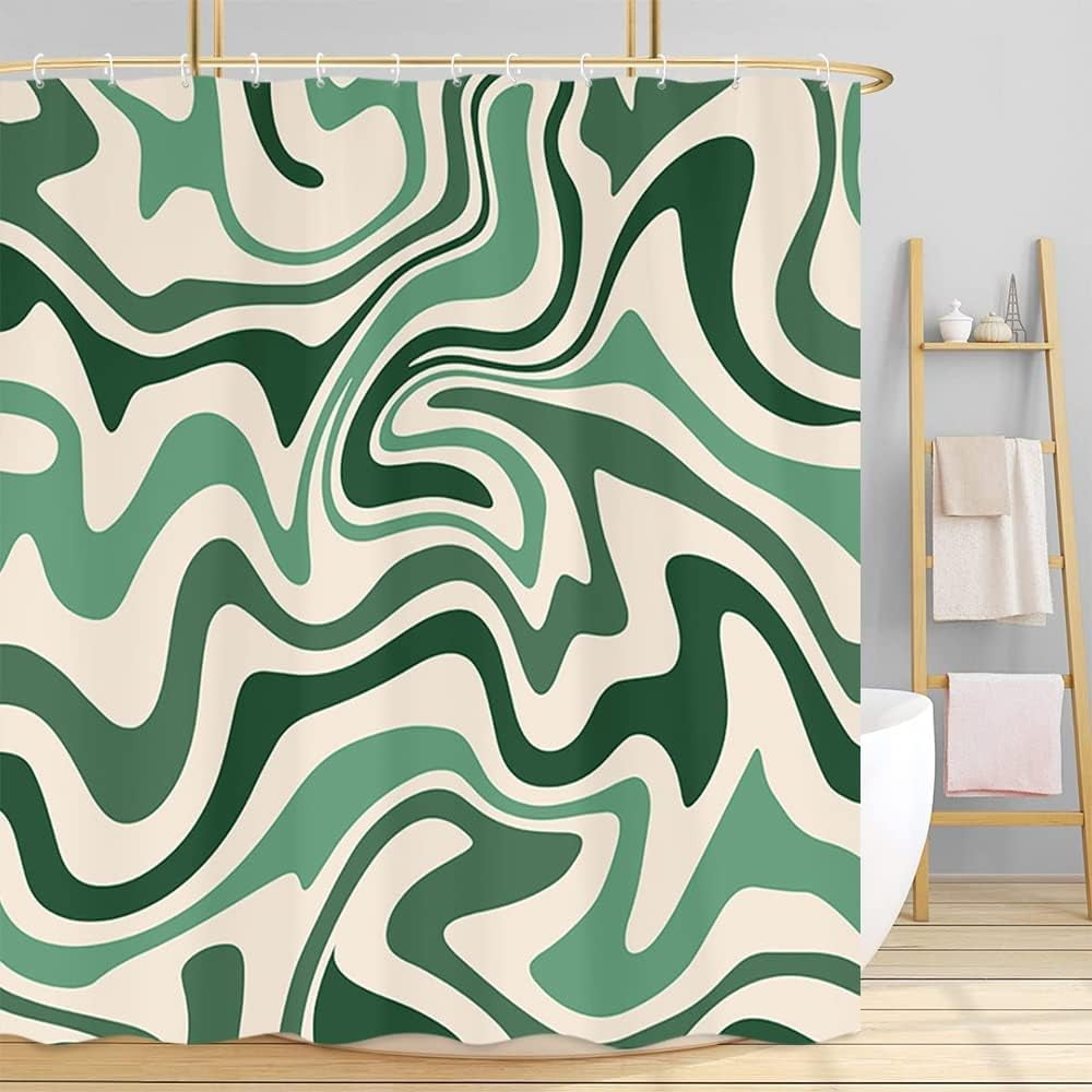 Aesthetic 70S Abstract Wavy Swirl Shower Curtain, Cute Sage Green Bath ...