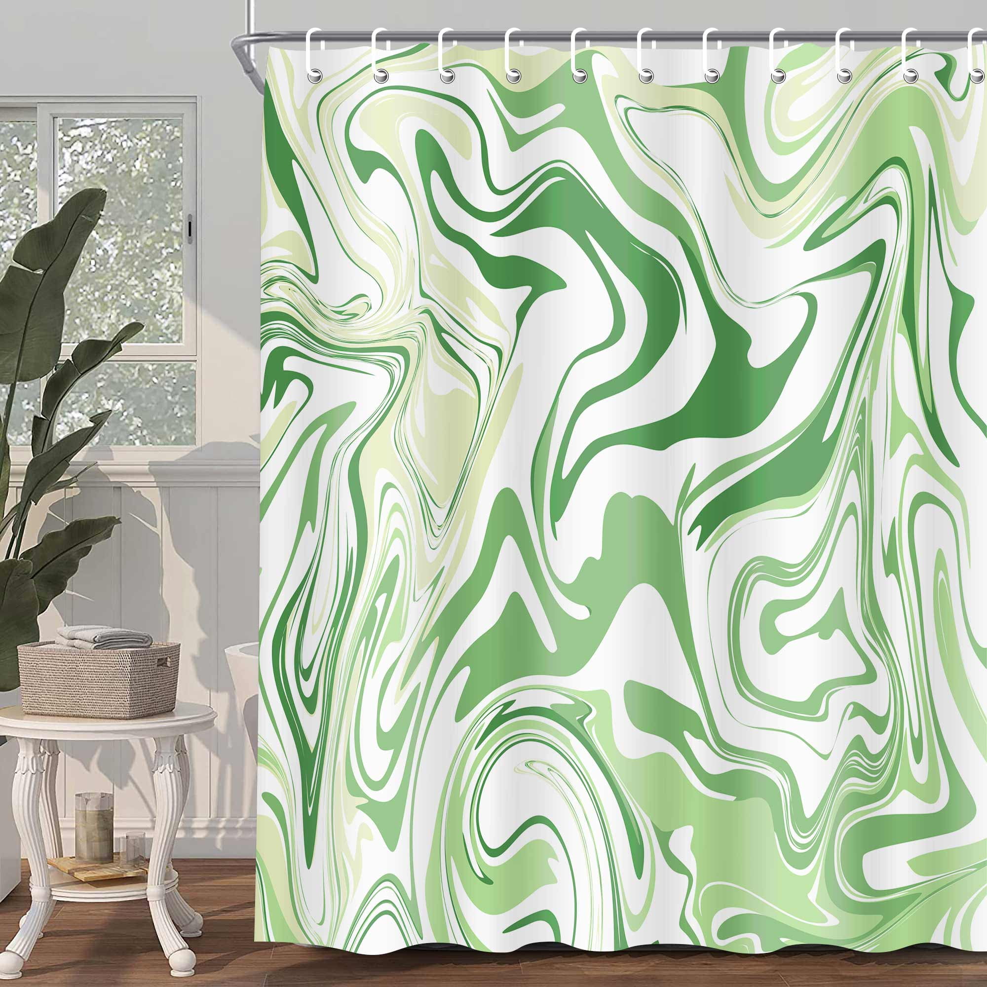 Aesthetic 70S Abstract Wavy Swirl Shower Curtain,Cute Sage Green Marble Bath Curtain, Modern ...