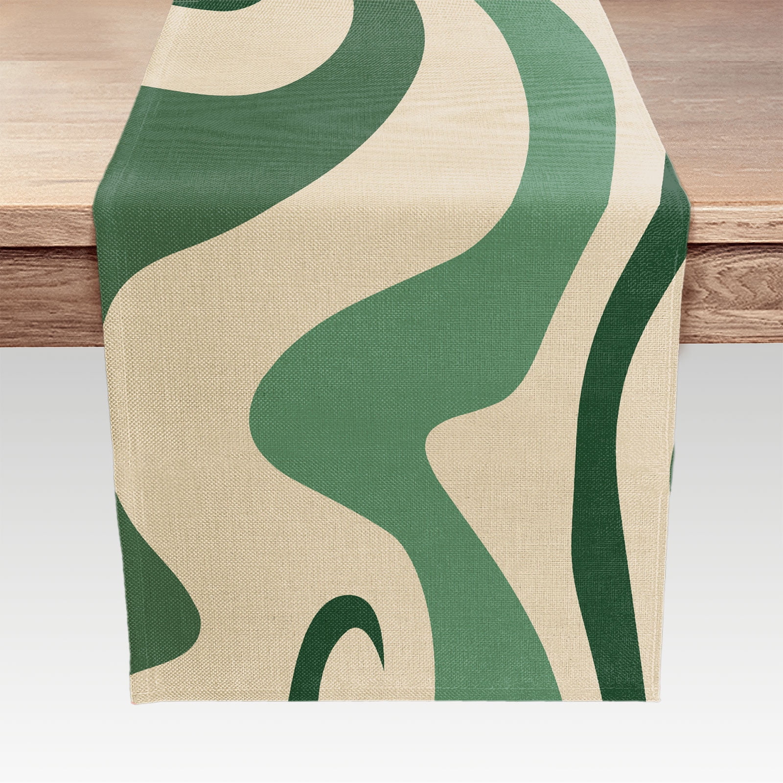 Aesthetic 70S Abstract Wavy Swirl Table Runners, Cute Green Beige Table ...