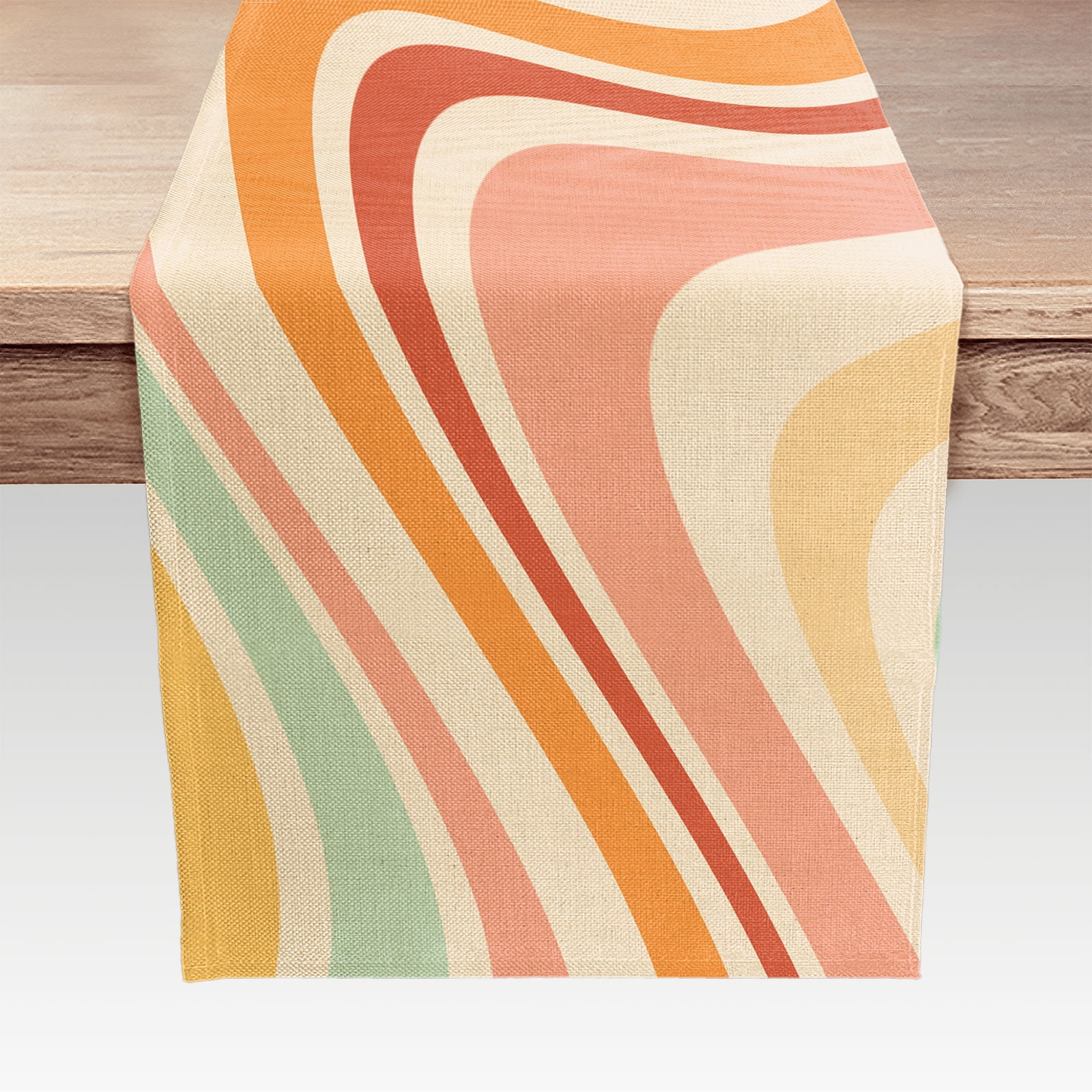 Aesthetic 70S Abstract Wavy Swirl Table Runners, Cute Pink Beige Table ...