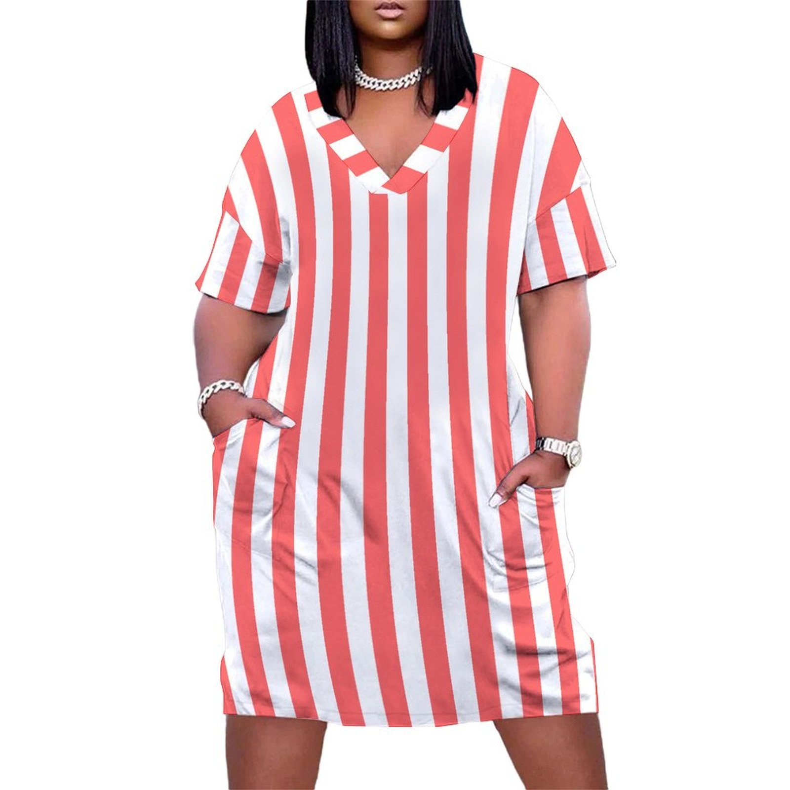 Aesthetic Antique Pink And White Vertical Loose Pocket Dress Dresses ...