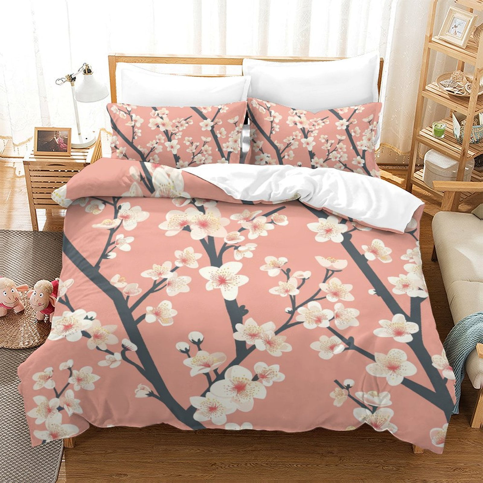 Aesthetic Bedding Set Pink Background Sakura Printed Comforter Cover ...