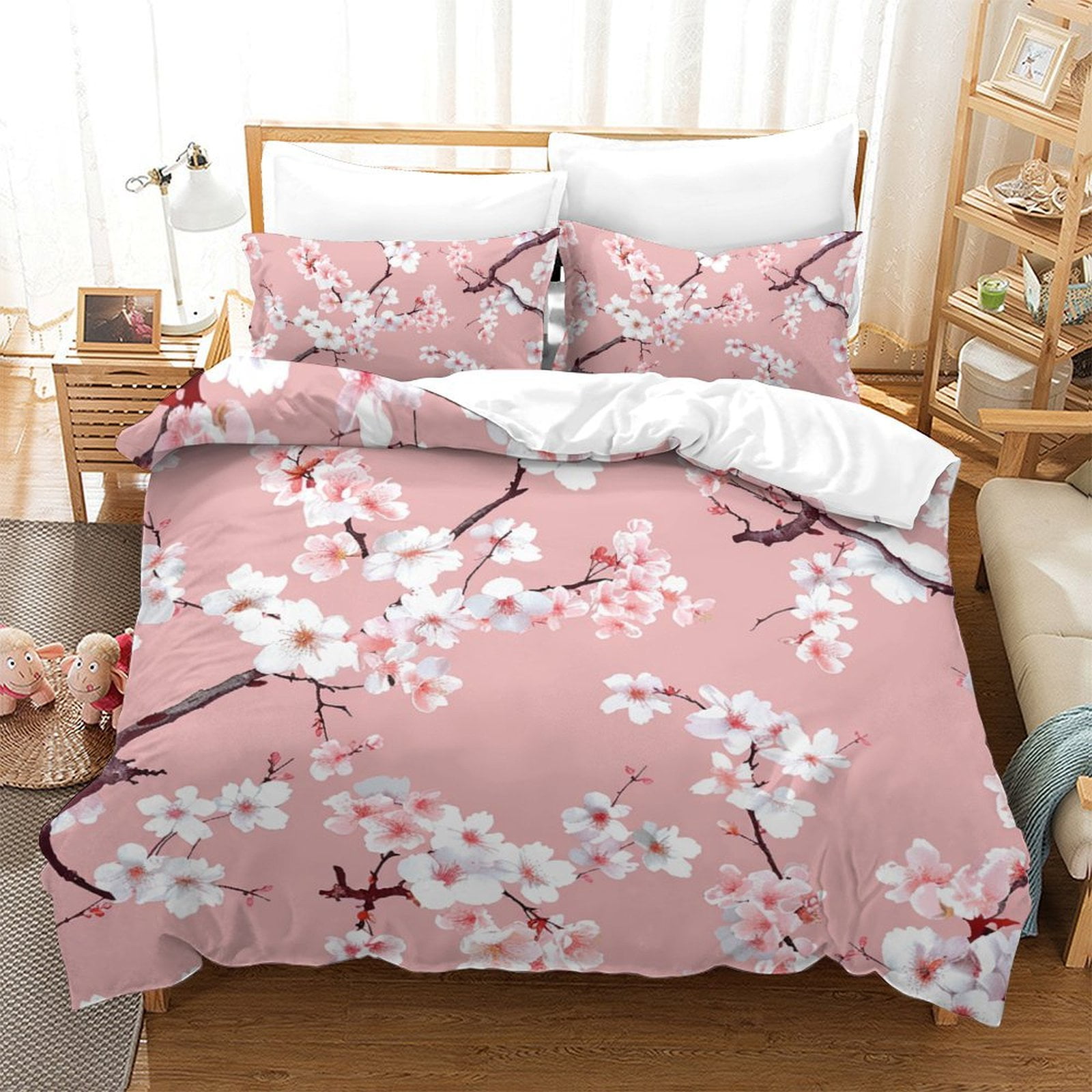 Aesthetic Bedding Set Pink Background Sakura Printed Comforter Cover ...