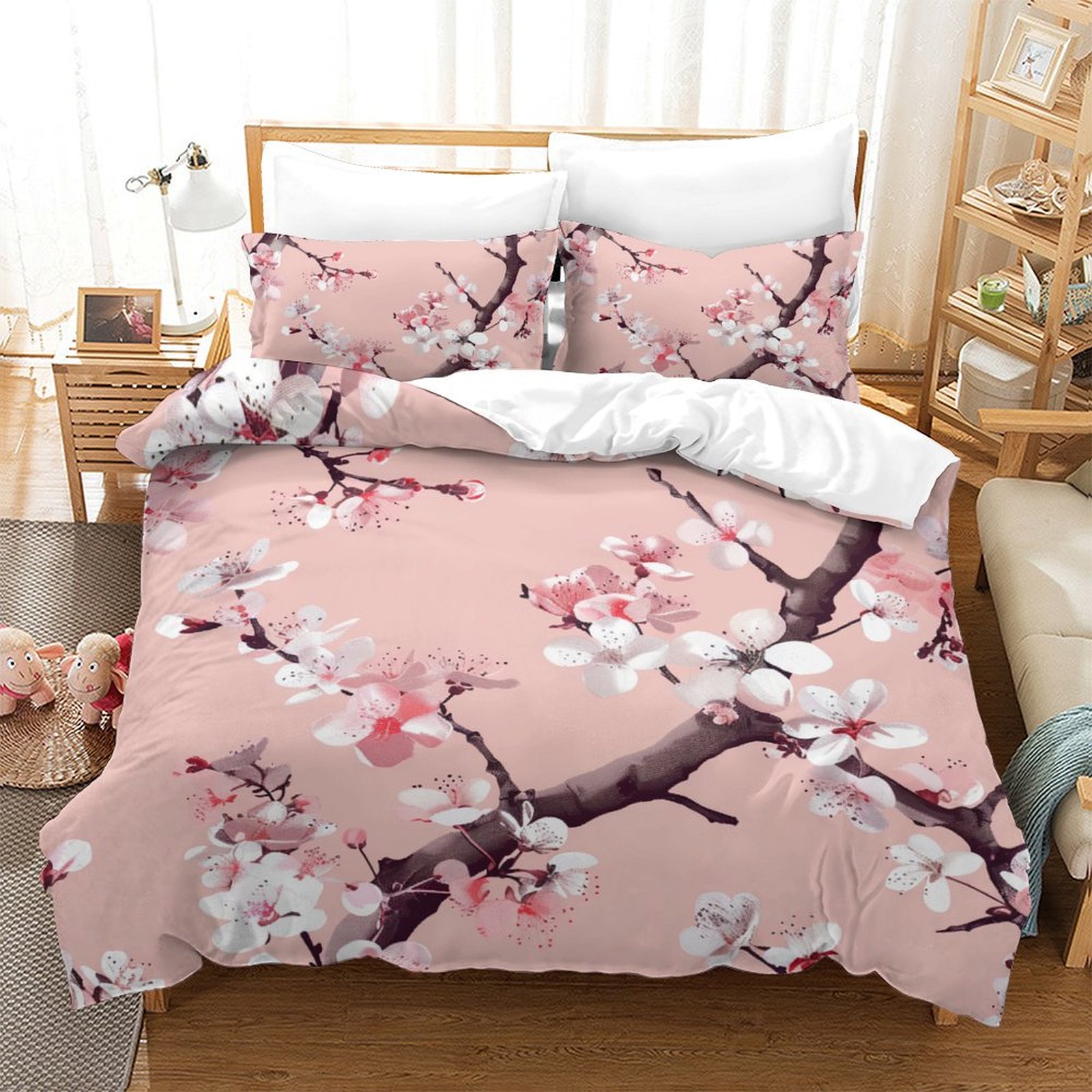 Aesthetic Bedding Set Pink Background Sakura Printed Comforter Cover ...