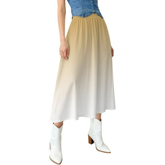 Aesthetic Beige And White Gradient Women High Waist Midi Skirt Elegant ...