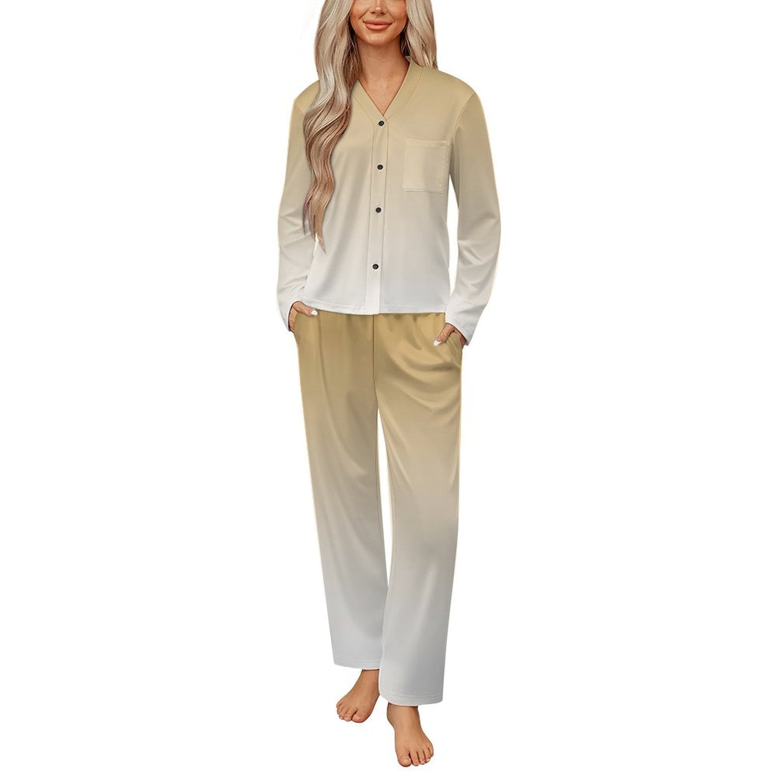 Aesthetic Beige And White Gradient Womens Pyjamas Set Button Up Pyjamas ...