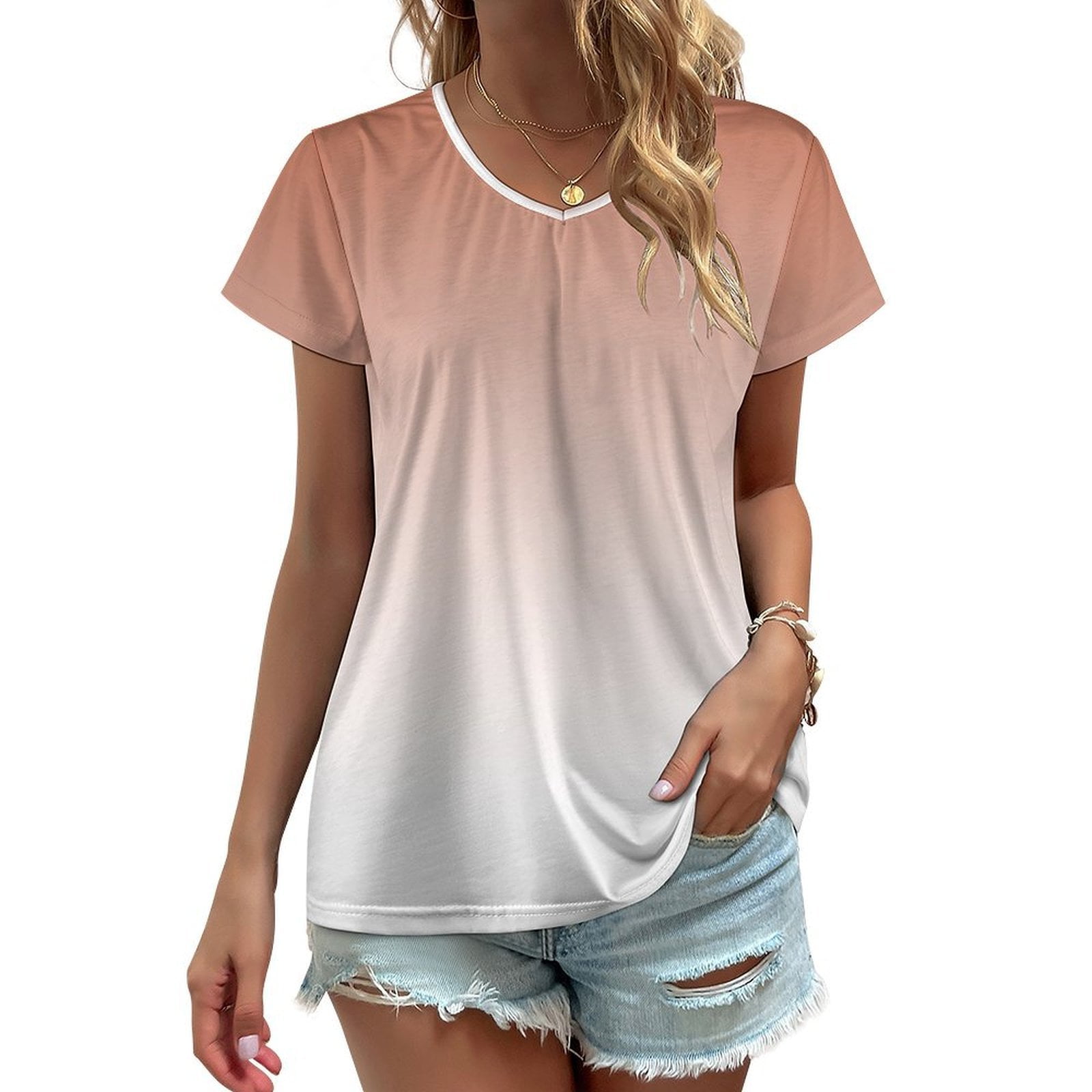 Aesthetic Beige Red And White Gradient Women's Blouse Short Sleeve ...