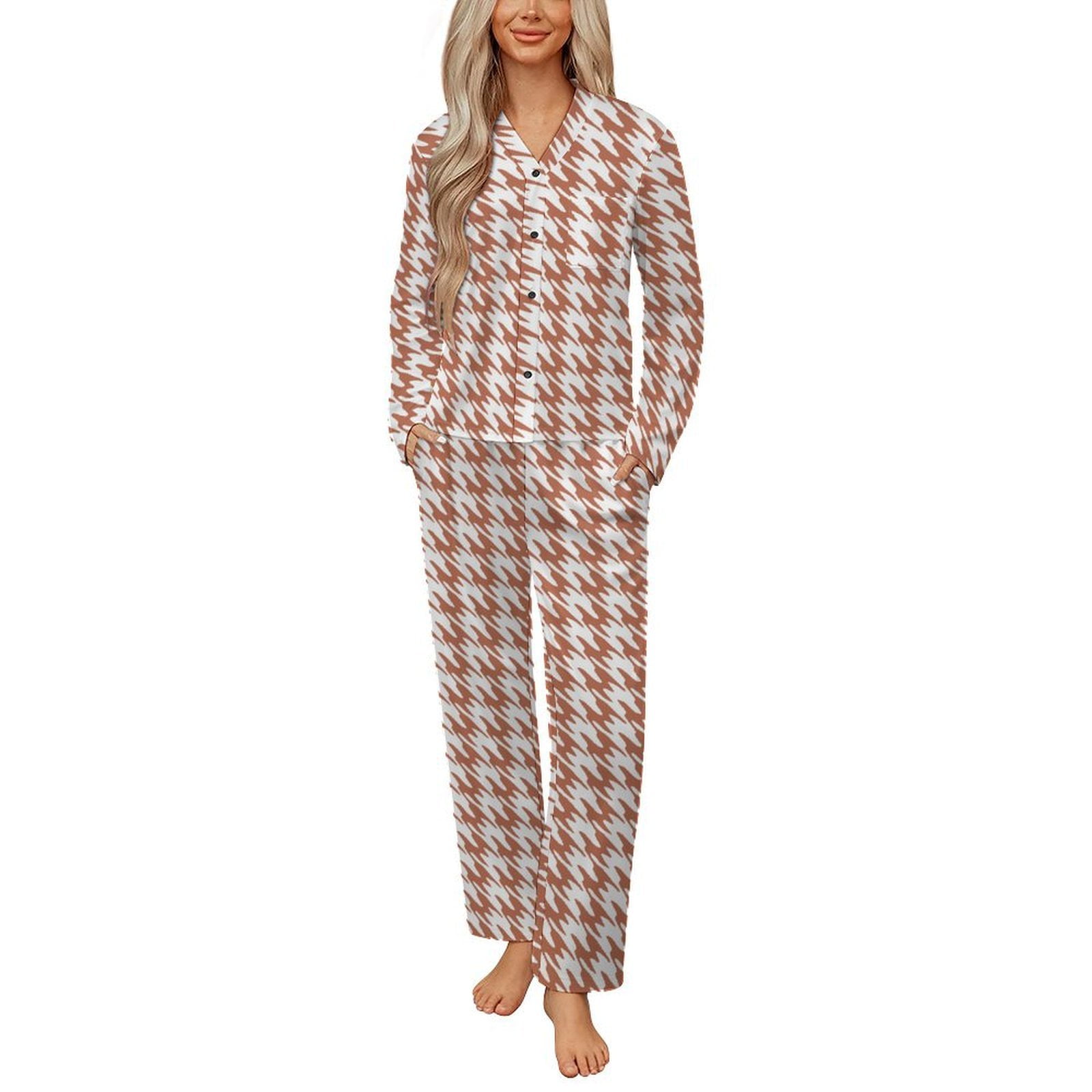 Aesthetic Beige Red And White Ripple Womens Pyjamas Set Button Up ...