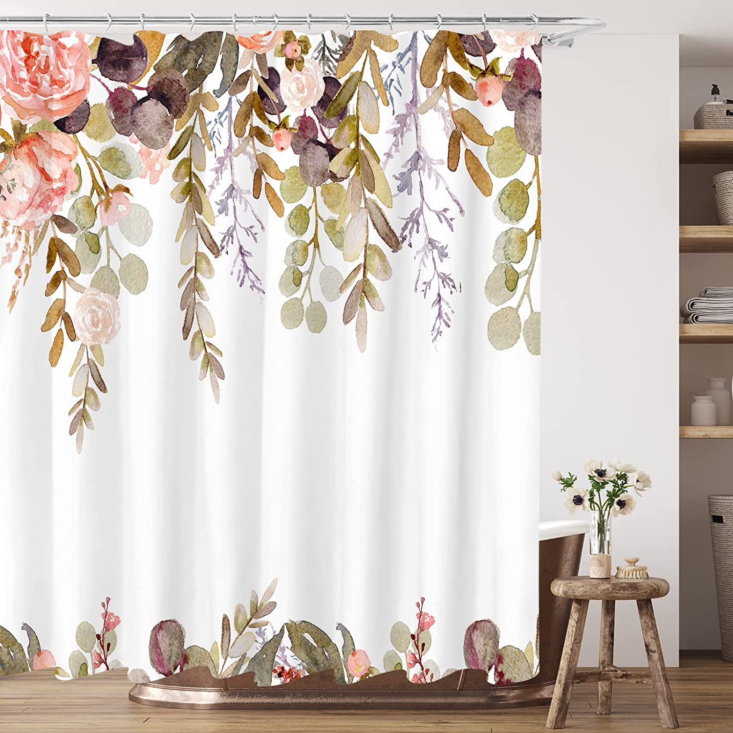 Aesthetic Blooming Floral Shower Curtain Sets, Watercolor Pink Flowers ...