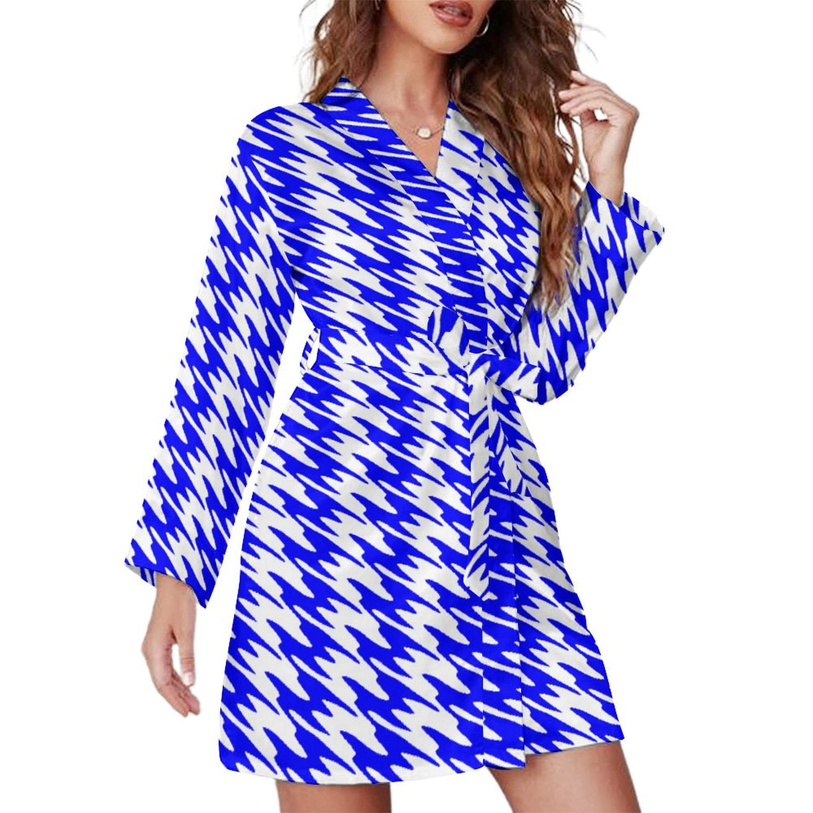 Aesthetic Blue And White Ripple Night Robe Long Sleeve V Neck Robe With ...