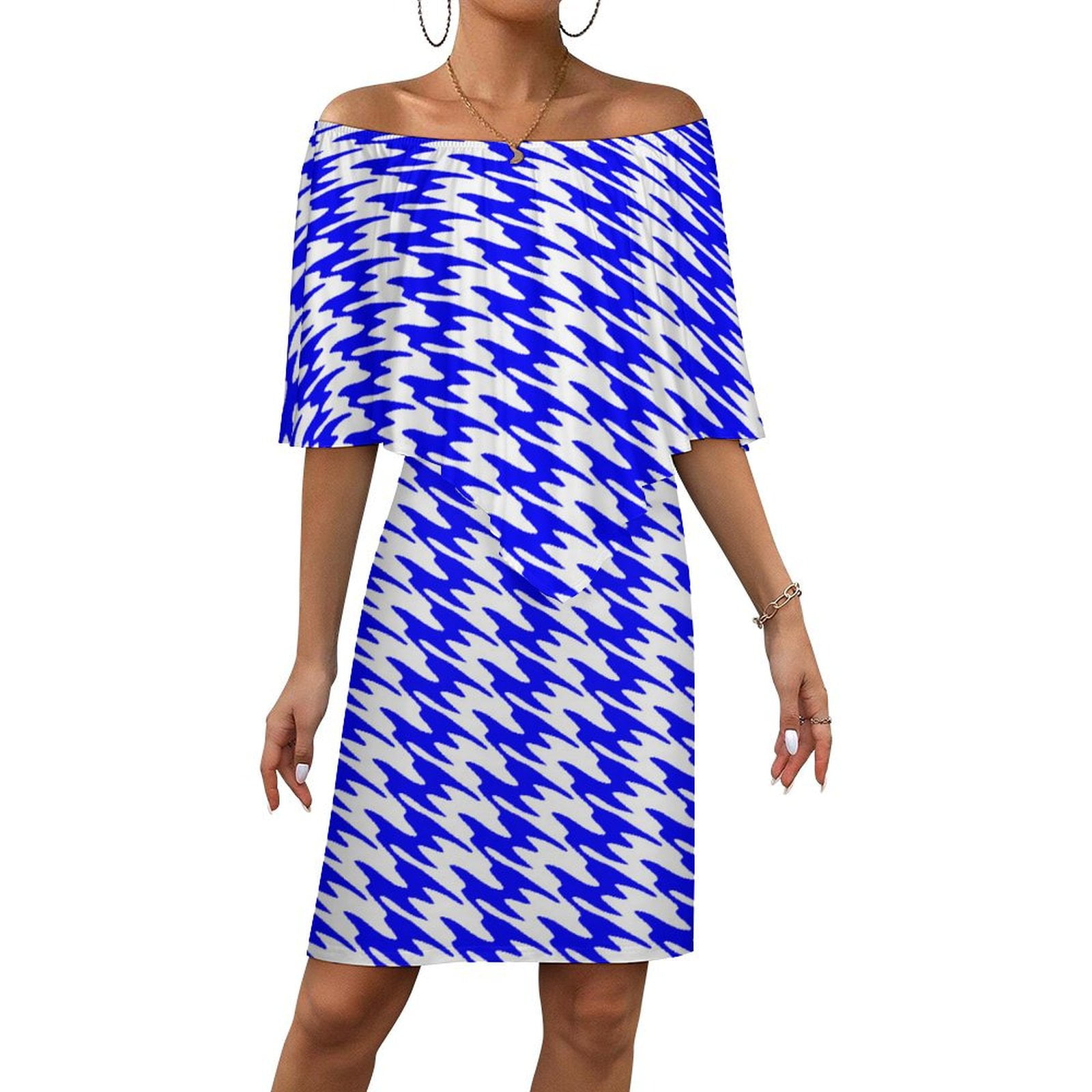 Aesthetic Blue And White Ripple Women's Off The Shoulder Ruffles Summer ...