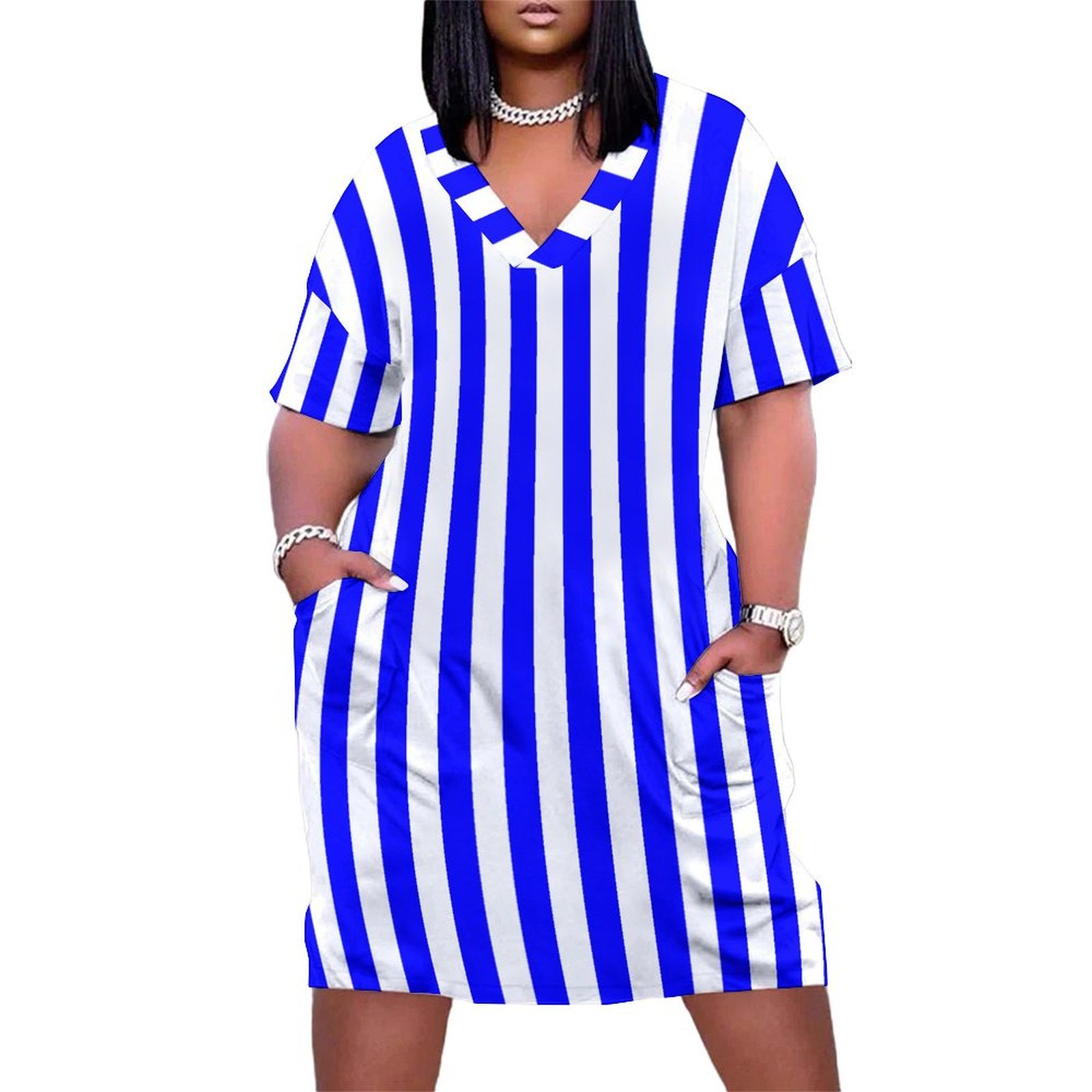 Aesthetic Blue And White Vertical Loose Pocket Dress Dresses Summer ...