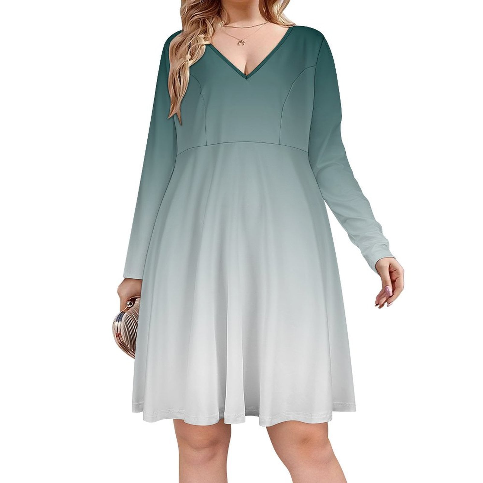Aesthetic Blue Green And White Gradient Long Sleeve Dresses For Women ...