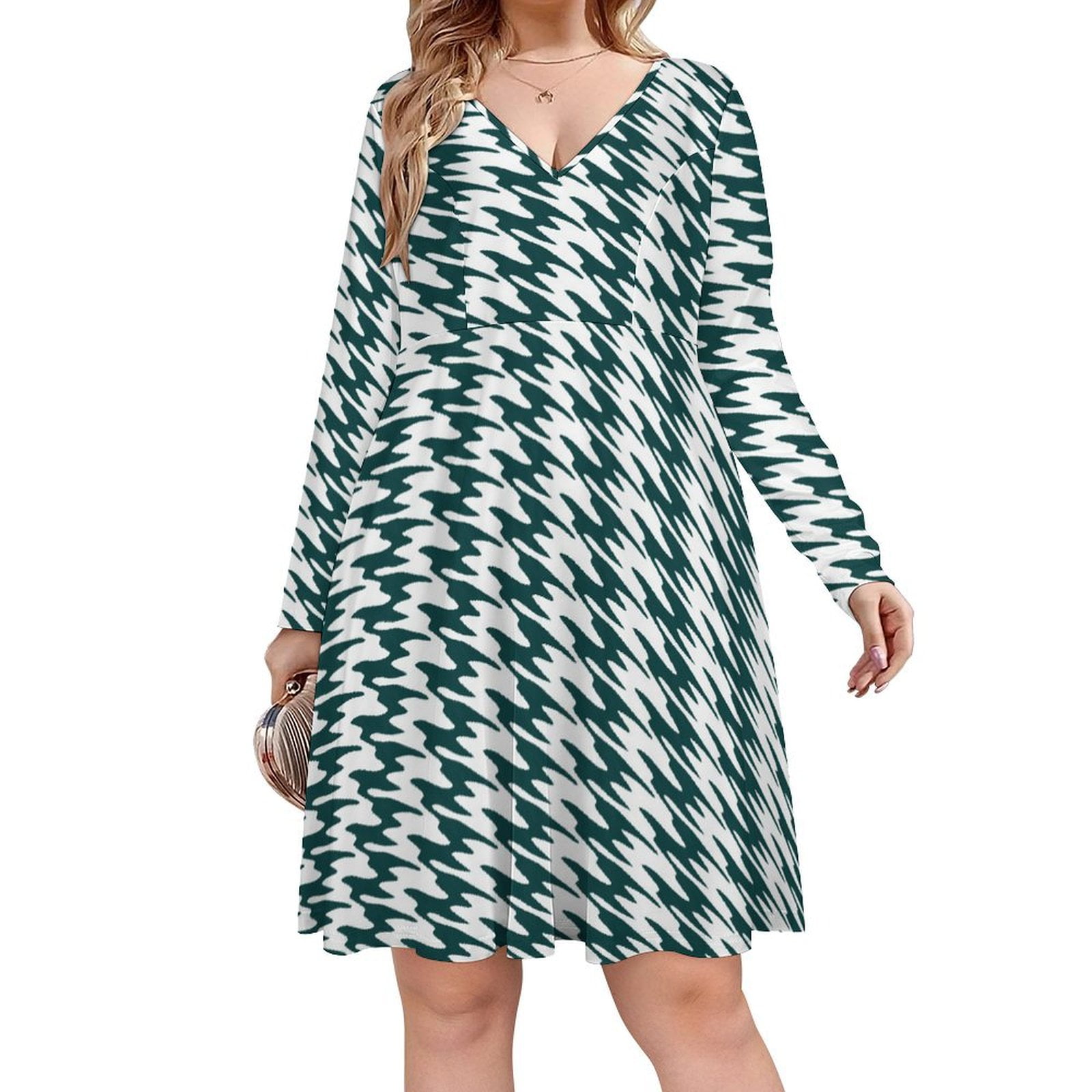 Aesthetic Blue Green And White Ripple Long Sleeve Dresses For Women ...