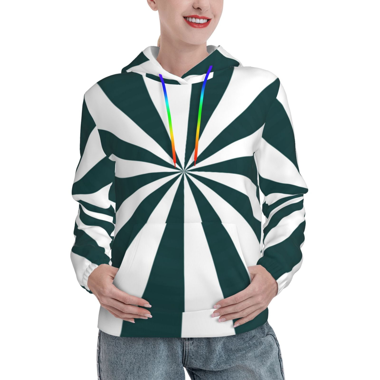 Aesthetic Blue Green And White Sunburst Cozy Women'S Hoodie Pullover Sweatshirt With Kangaroo ...