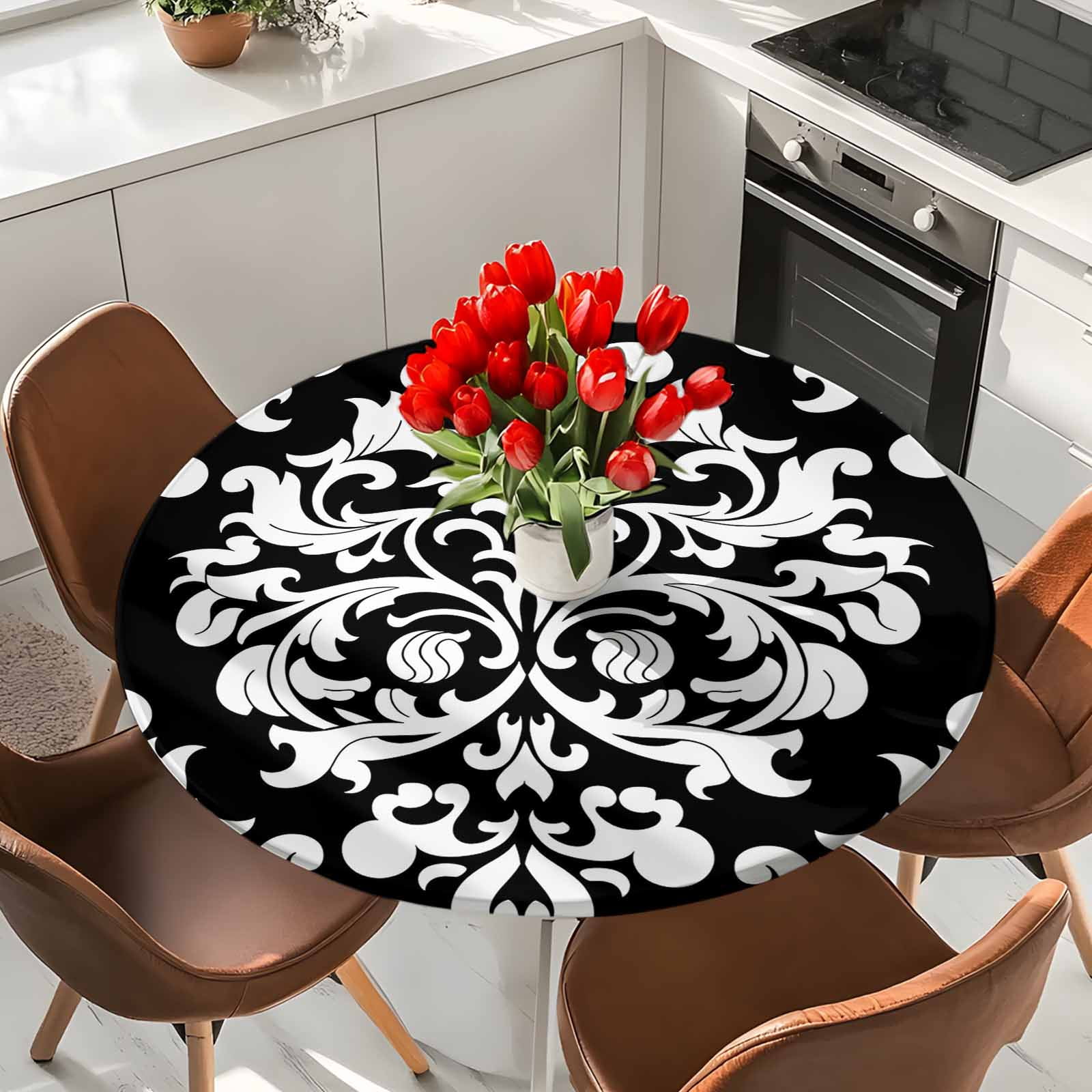Aesthetic Boho Black White Floral Round Fitted Tablecloth with Elastic ...