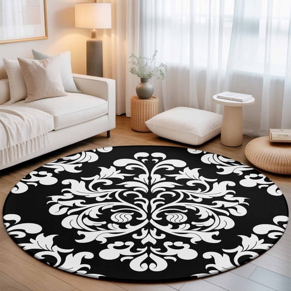 Aesthetic Boho Black White Floral Round Rug 5ft Abstract Minimalist Art ...