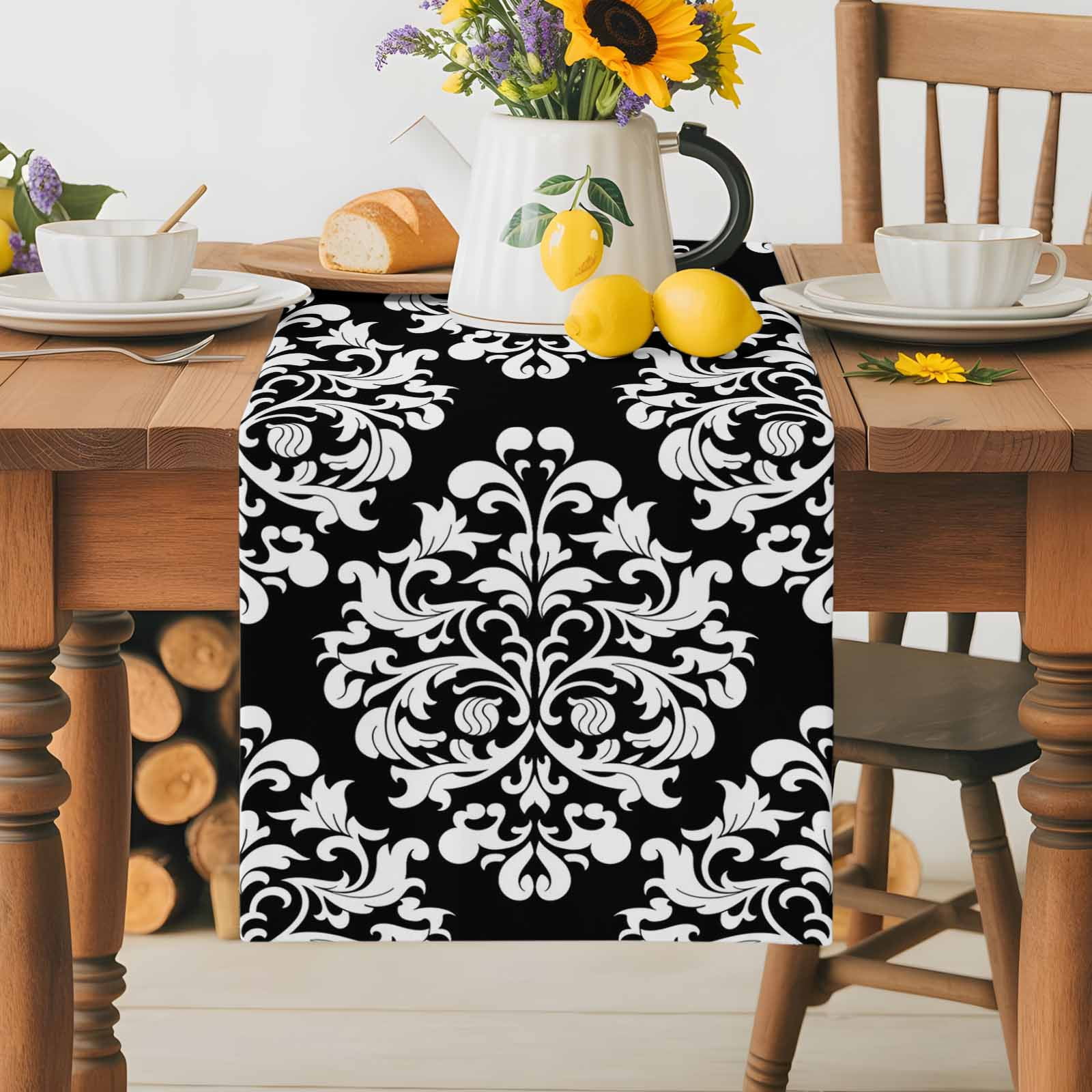 Aesthetic Boho Black White Floral Table Runners 13x36 Inches Long Linen ...